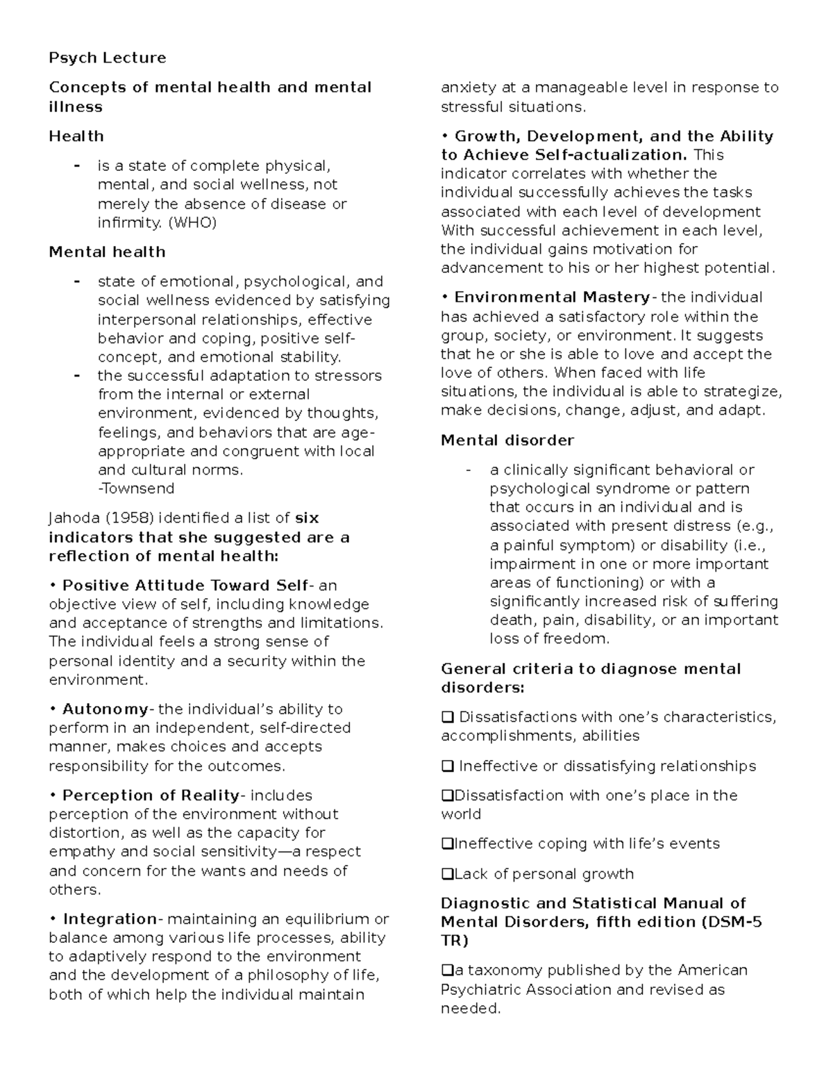 Psych 101: Lecture Notes on Mental Health & Disorders - Studocu