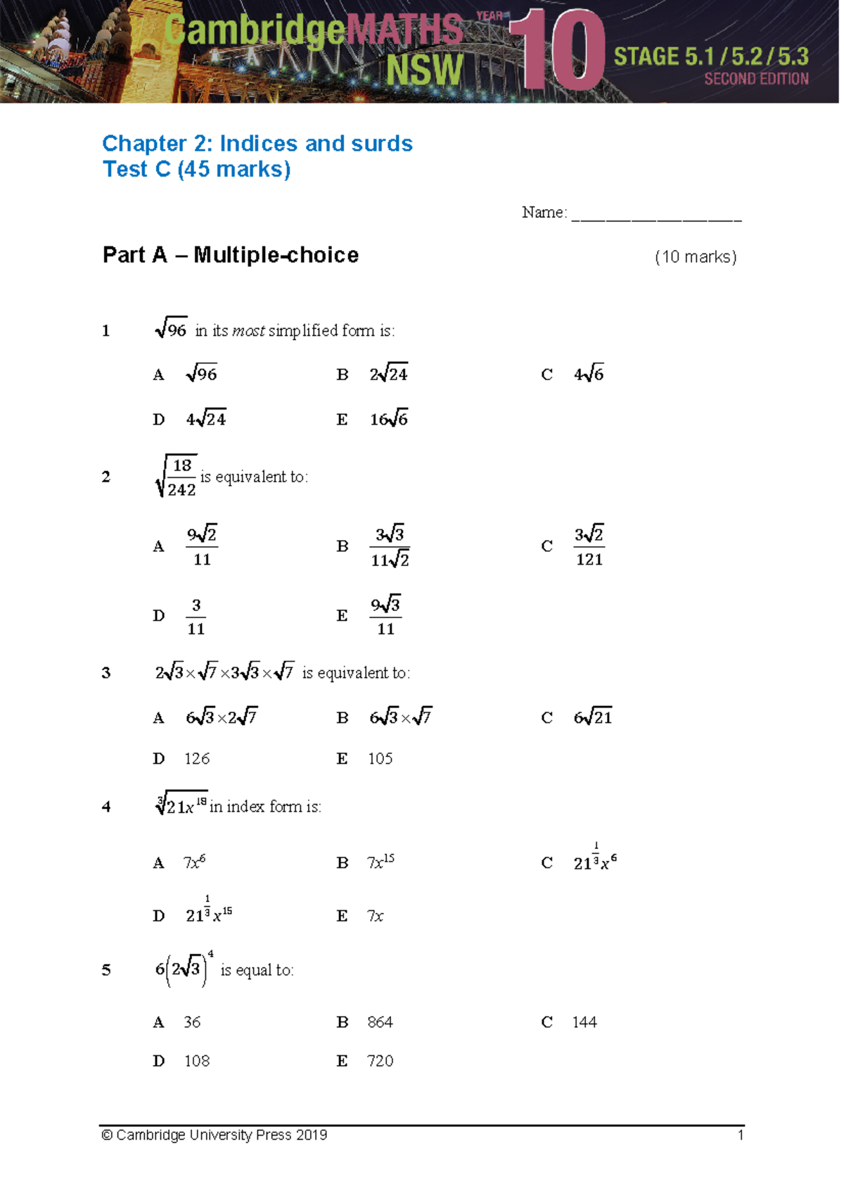Chapter 2: Indices and Surds Test C (45 Marks) - Maths 10 Resources ...