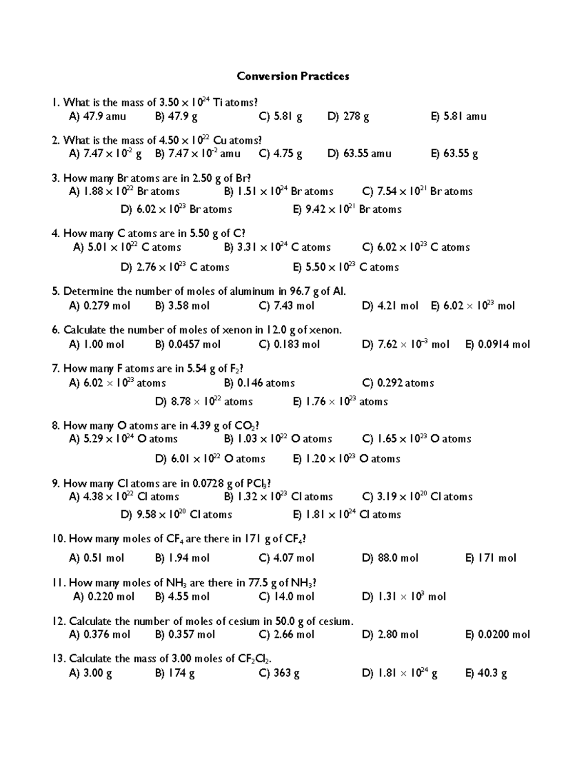 Conversion Practices: Mass and Mole Calculations in Chemistry - Studocu