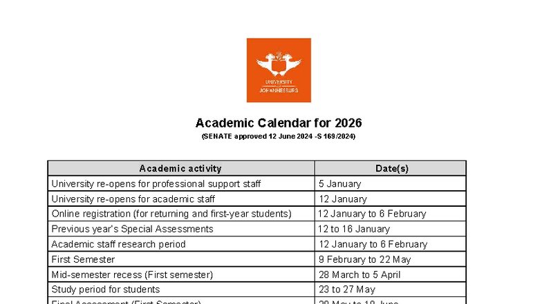 Academic calendar for 2026 - 1 Academic Calendar for 2026 (SENATE ...