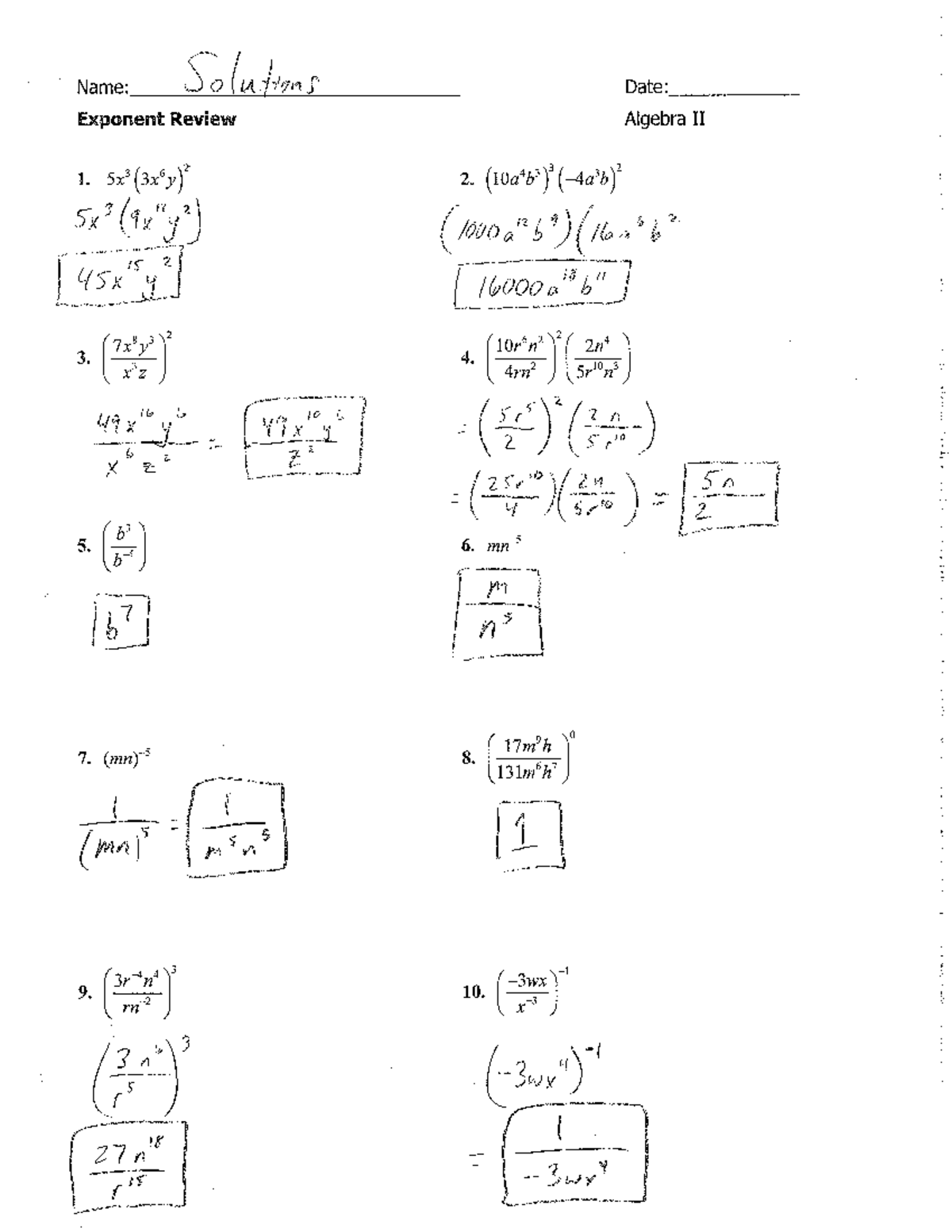 Algebra II: Exponent Review Solutions and Answers - Studocu