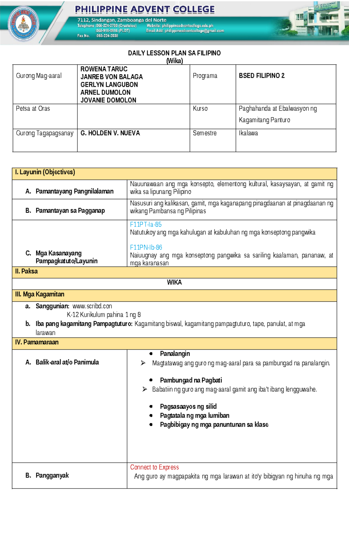 BANGHAY-ARALIN SA FILIPINO 11: Komunikasyon at Wika Lesson Plan - Studocu