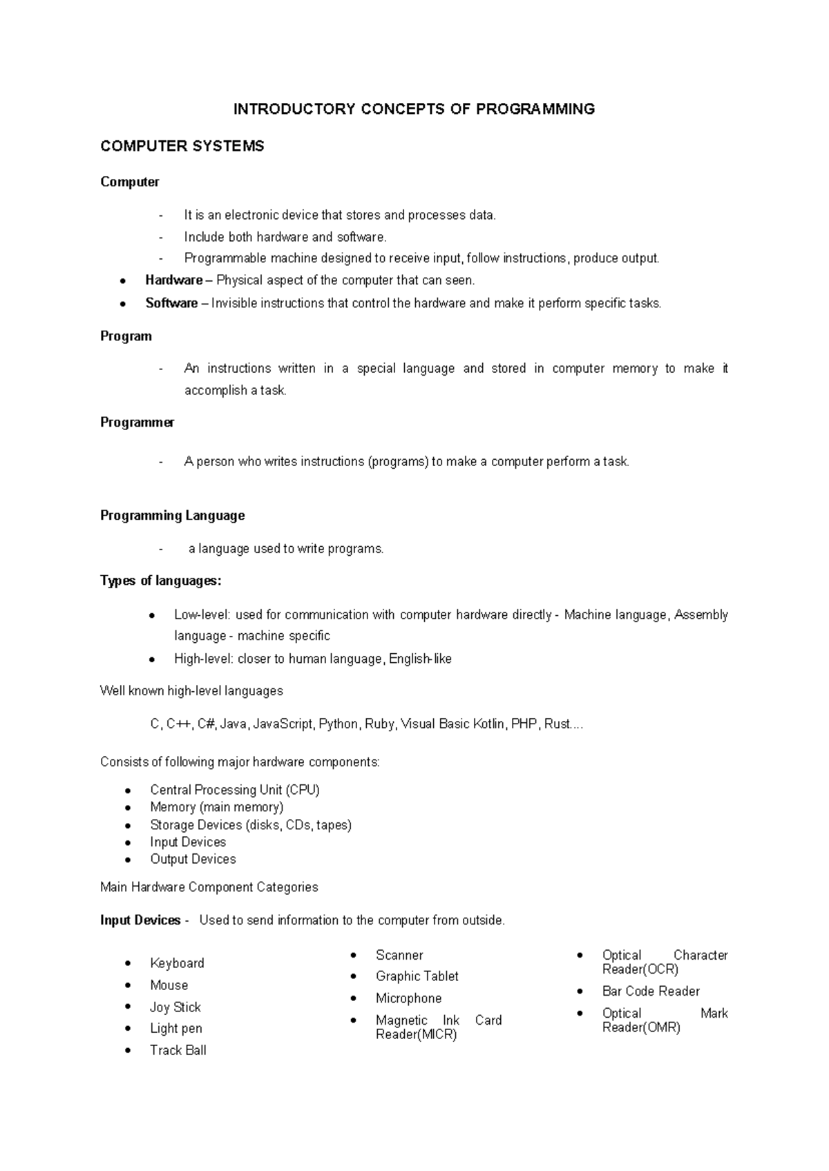 FIRST YEAR FUNDAMENTAL OF PROGRAMMING 1 - INTRODUCTORY CONCEPTS OF PROGRAMMING COMPUTER SYSTEMS ...