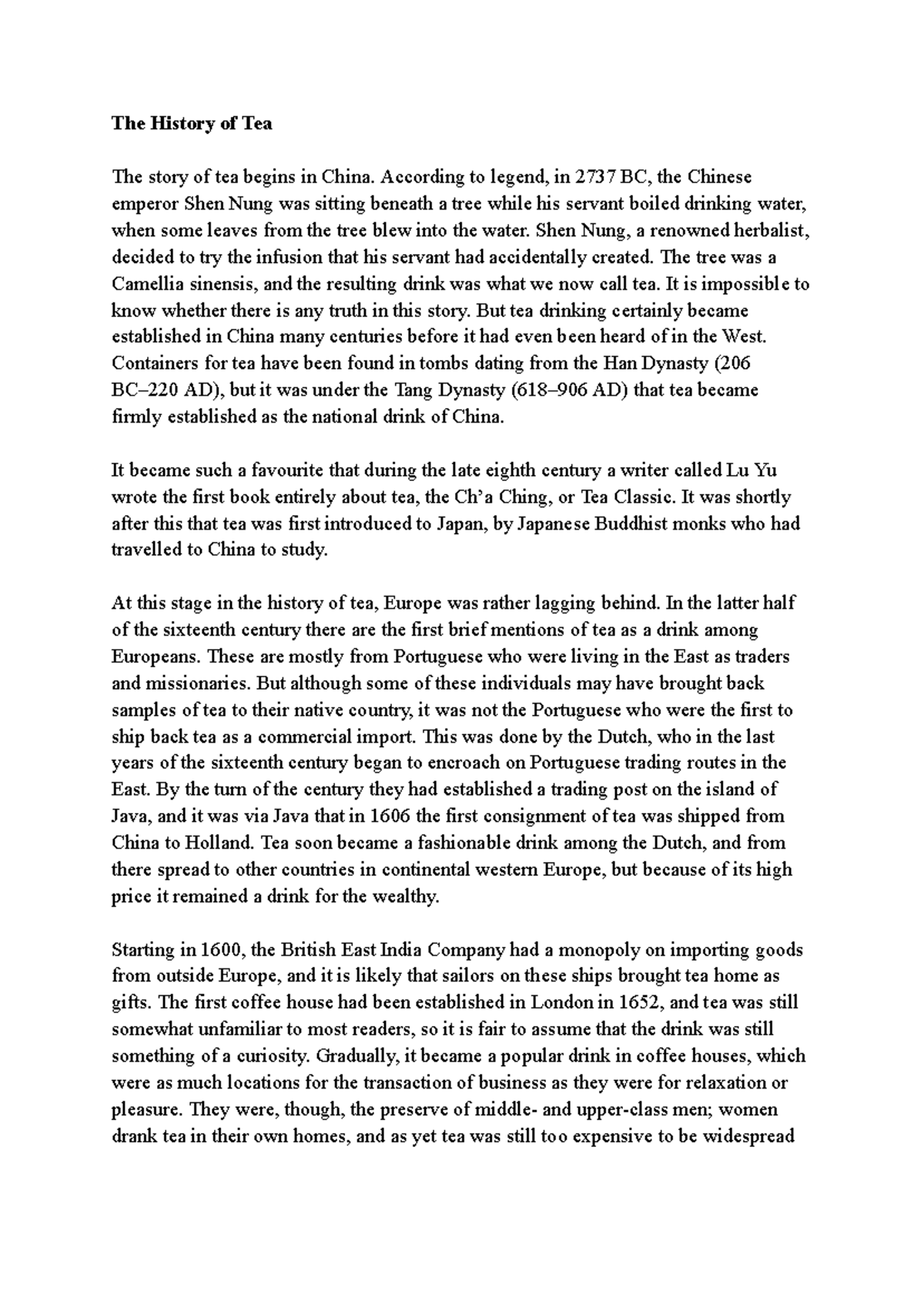 B BT2 - Lecture Notes on the History of Tea - Studocu
