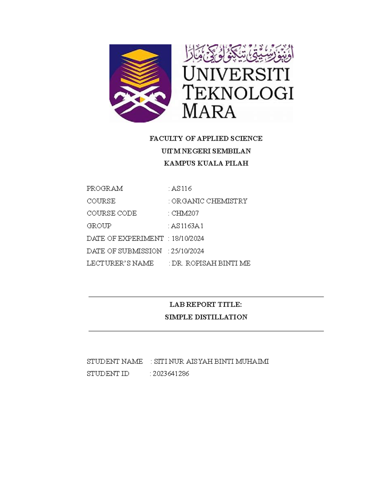 CHM207 - Lab Report on Simple Distillation Experiment - Studocu