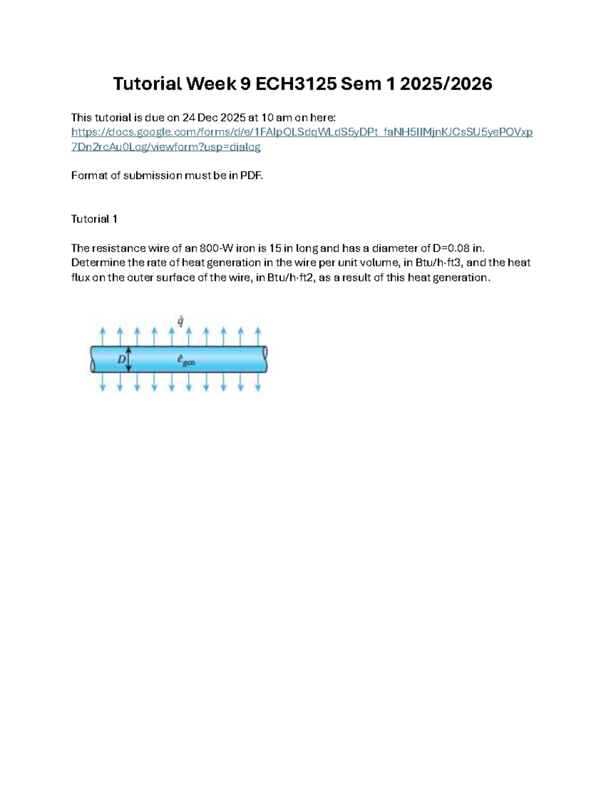 Tutorial Week 9 ECH3125 Sem 1: Heat Transfer Problems and Solutions ...
