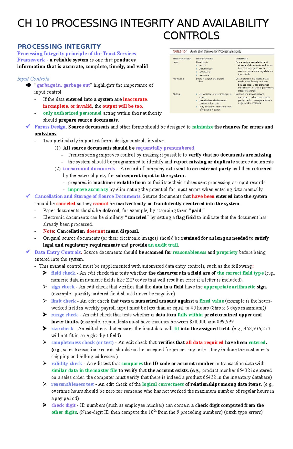 AIS CH10 - Controls for Processing Integrity and Availability - Studocu