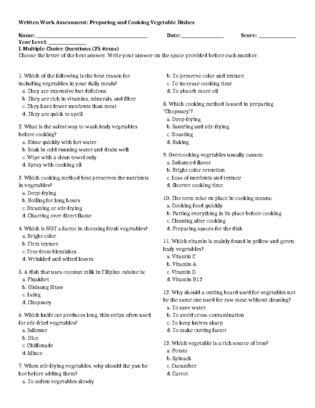 Written Work Assessment: Cooking Vegetable Dishes (Year Level) - Studocu