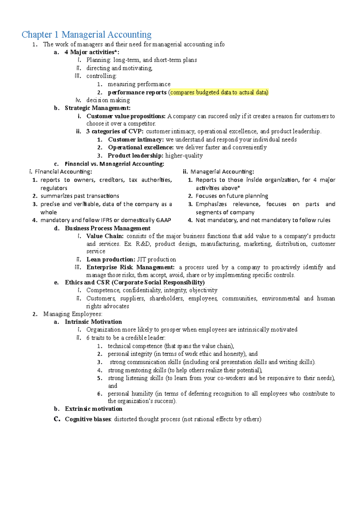 Chapter 1&2 Notes Summaries on Textbook - Chapter 1 Managerial ...