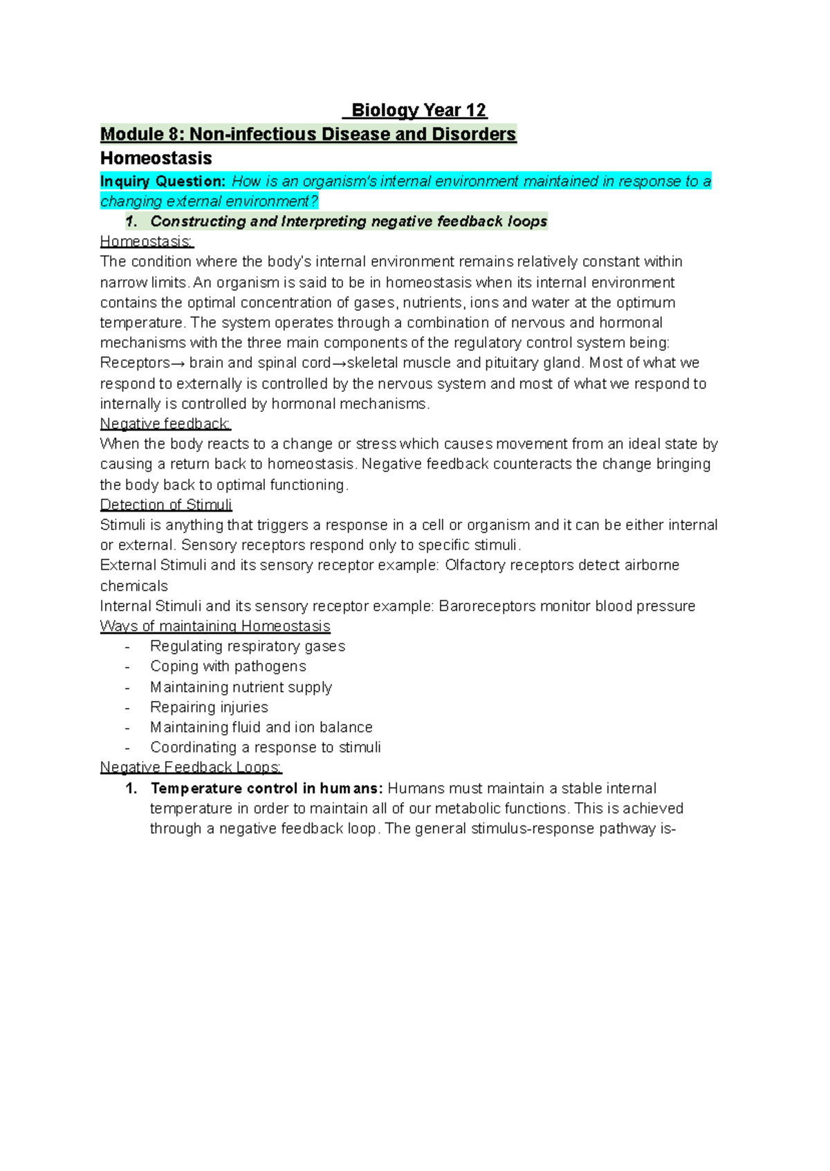 Biology Year 12: Module 8 Non-Infectious Diseases & Disorders Notes ...