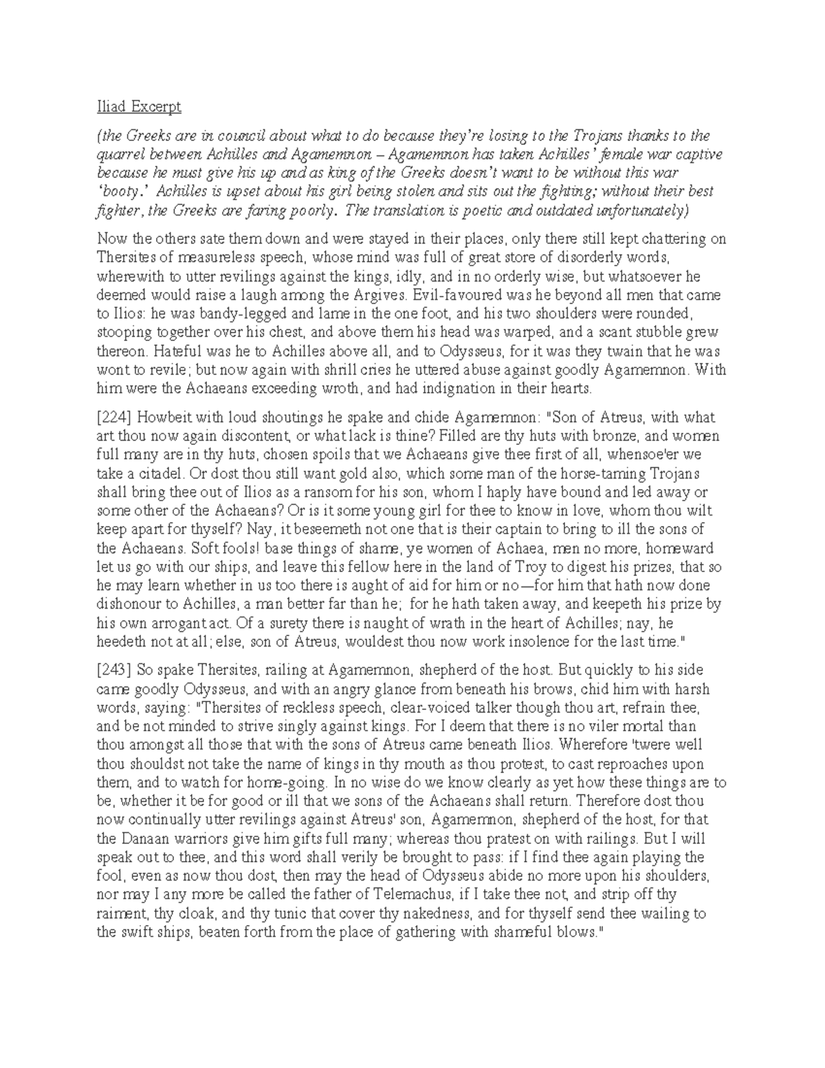Iliad Excerpt: The Council of Greeks on Achilles vs. Agamemnon Quarrel ...