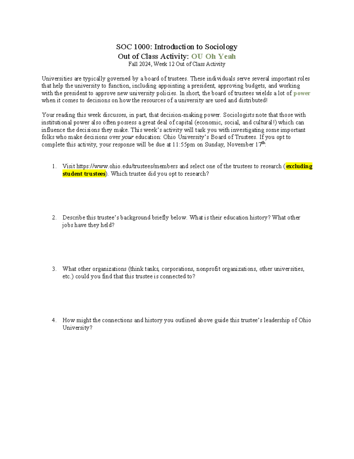 Week 12 Out of Class Activity OU Oh Yeah - SOC 1000: Introduction to ...