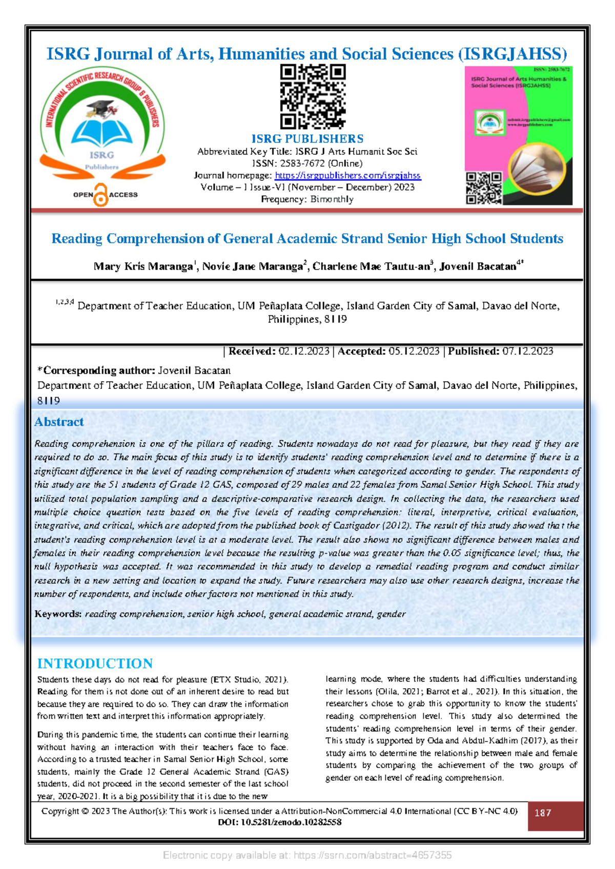 Reading Comprehension Levels of Grade 12 GAS Students: A Study - Studocu