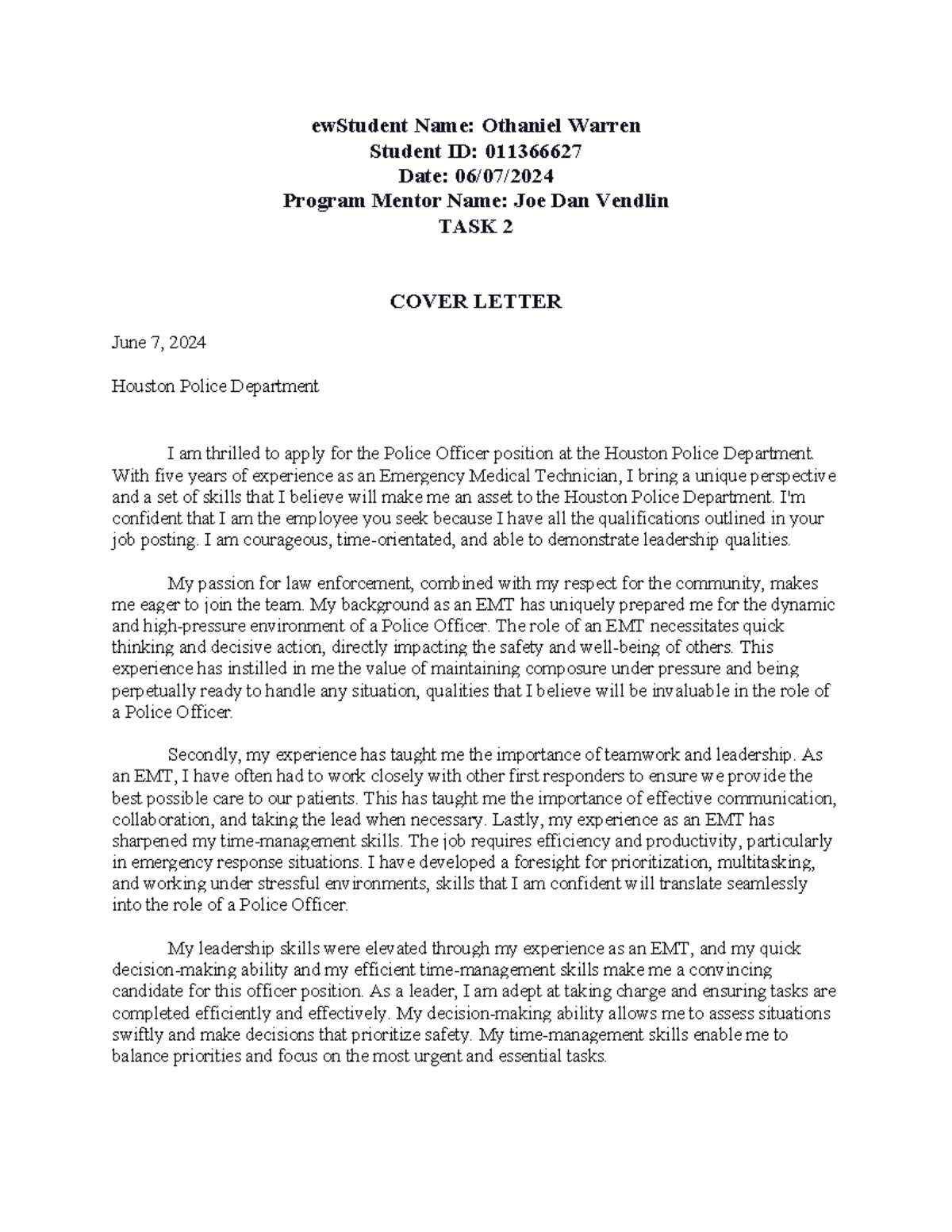 BUS 312 Final Exam Cover Letter - Othaniel Warren - Studocu