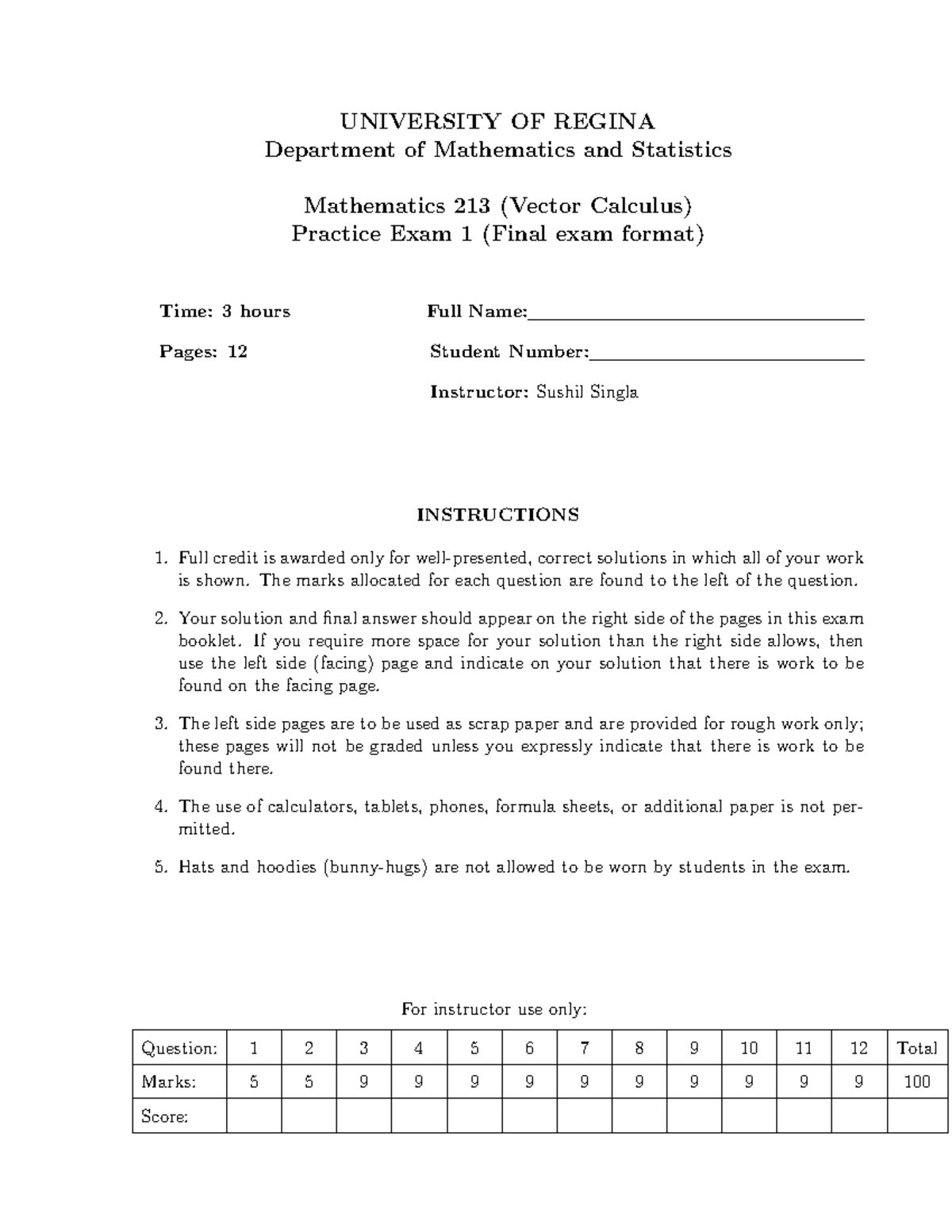Practice Exam 1 - UNIVERSITY OF REGINA Department of Mathematics and ...