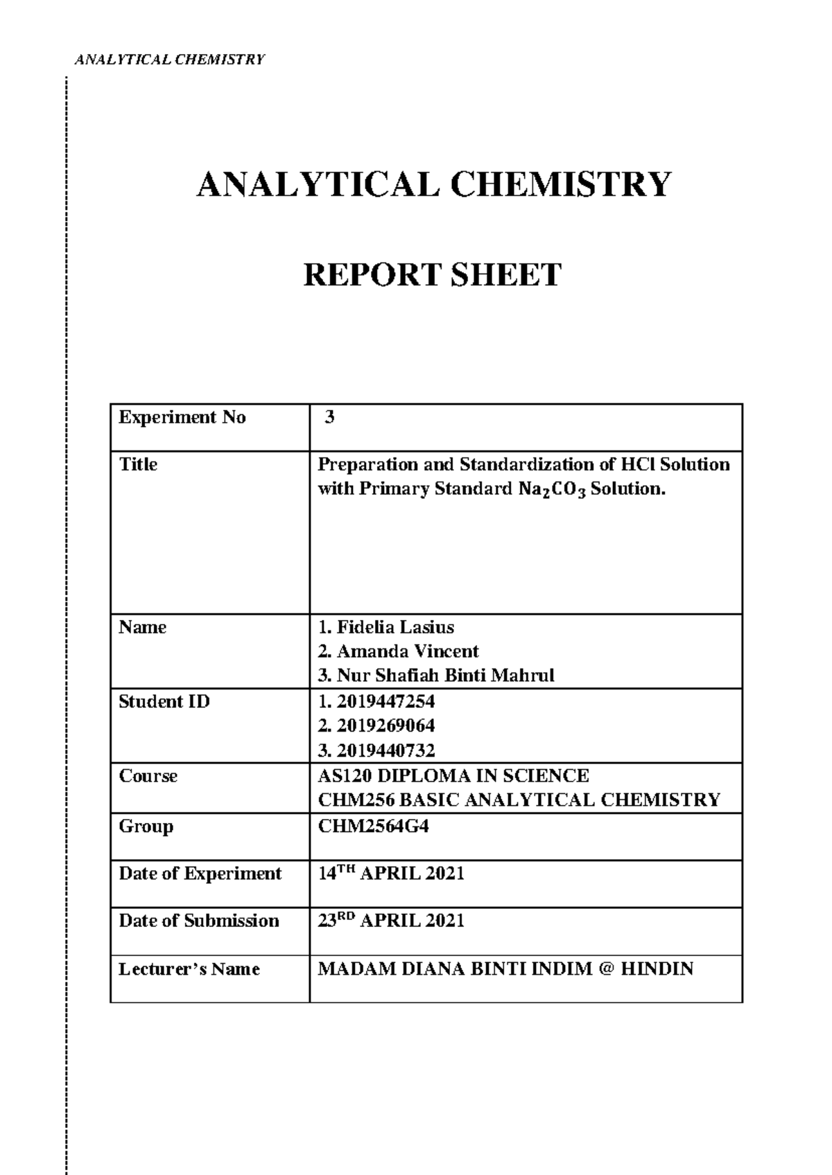 CHM256 LAB Experiment 3 - ANALYTICAL CHEMISTRY REPORT SHEET Experiment ...