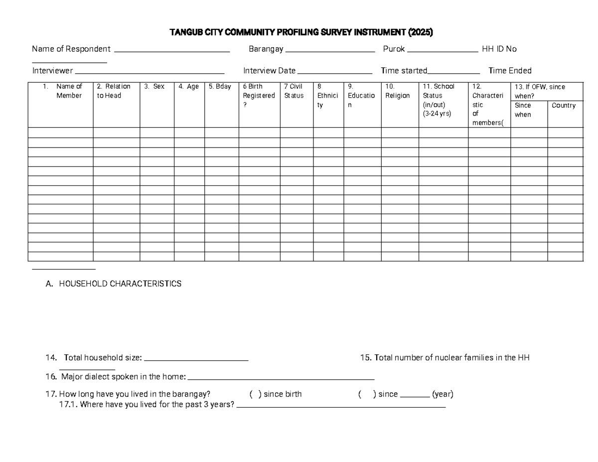 Tangub City Community Profiling Survey Instrument (2025) - Studocu