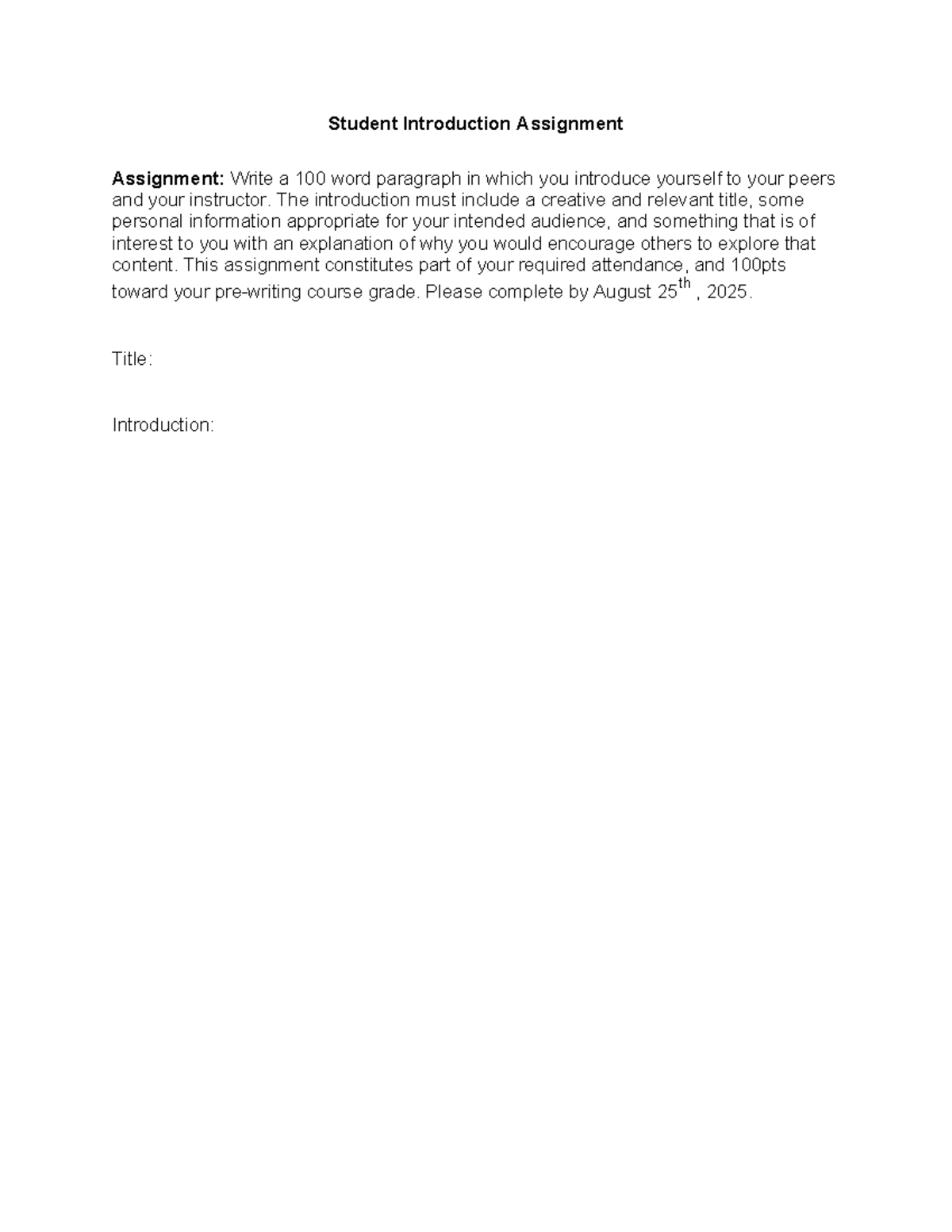 Student Introduction Online - Student Introduction Assignment ...