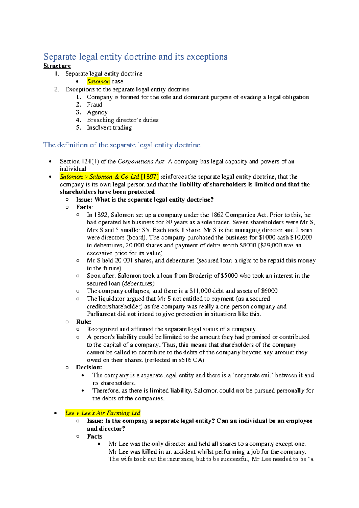 Company Law Notes: Separate Legal Entity Doctrine & Exceptions - Studocu
