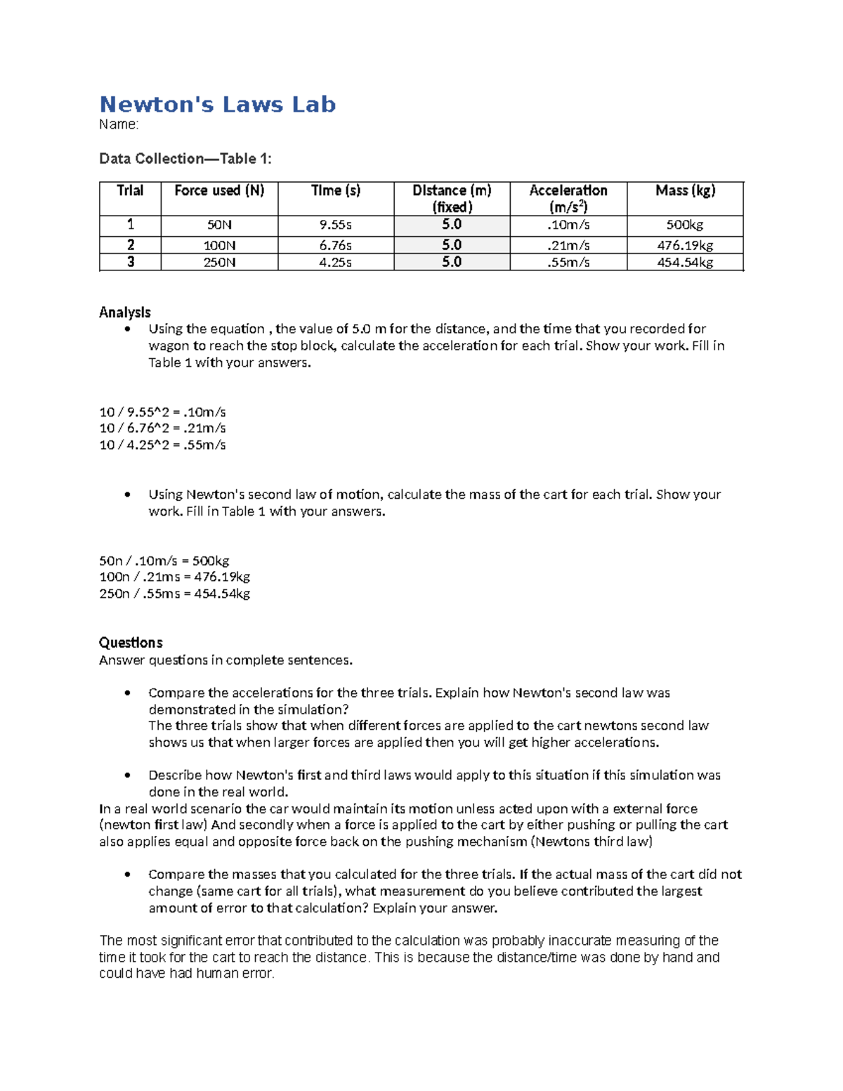 Physics Lab 2.08: Data Analysis of Newton's Laws - Studocu