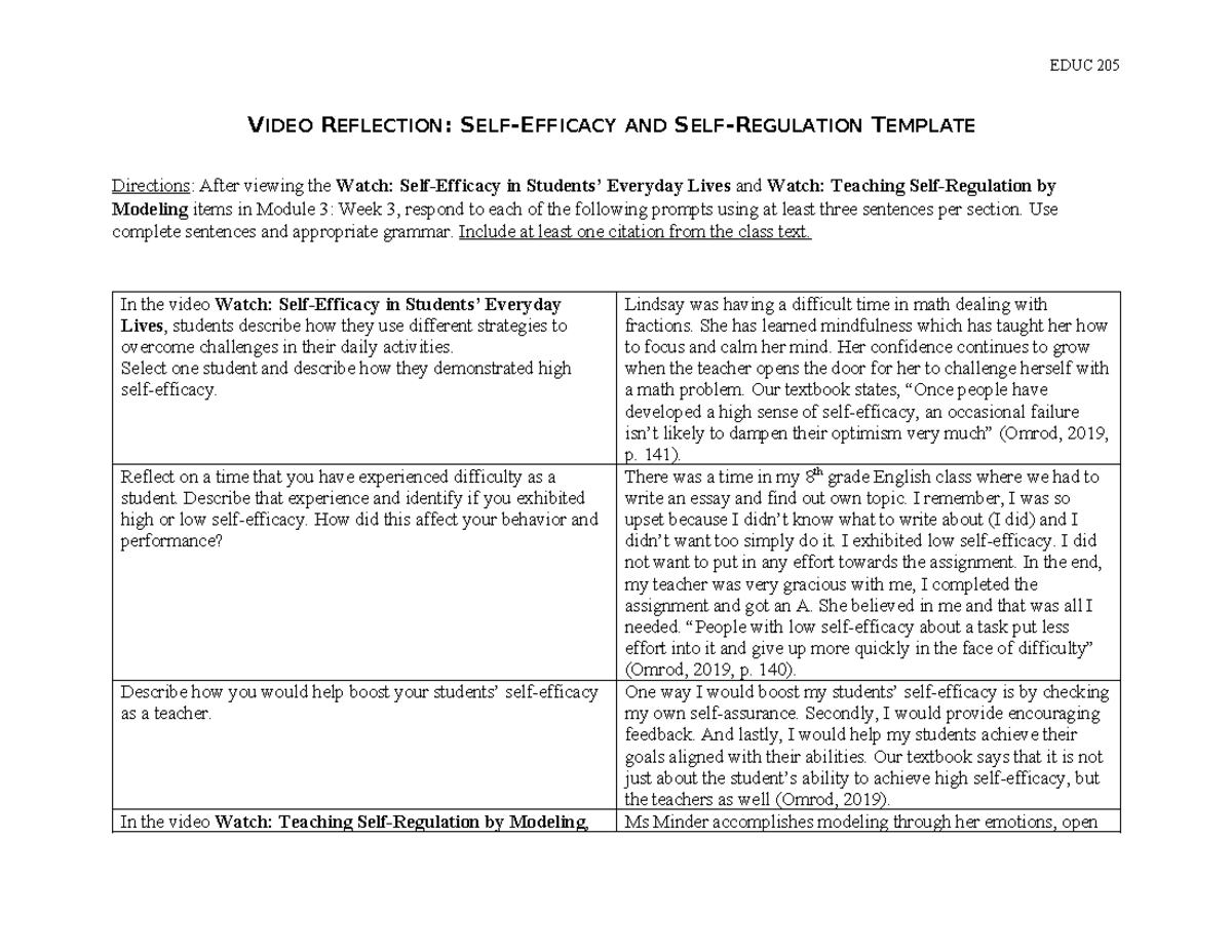 EDUC 205 Video Reflection: Self-Efficacy & Self-Regulation Template ...