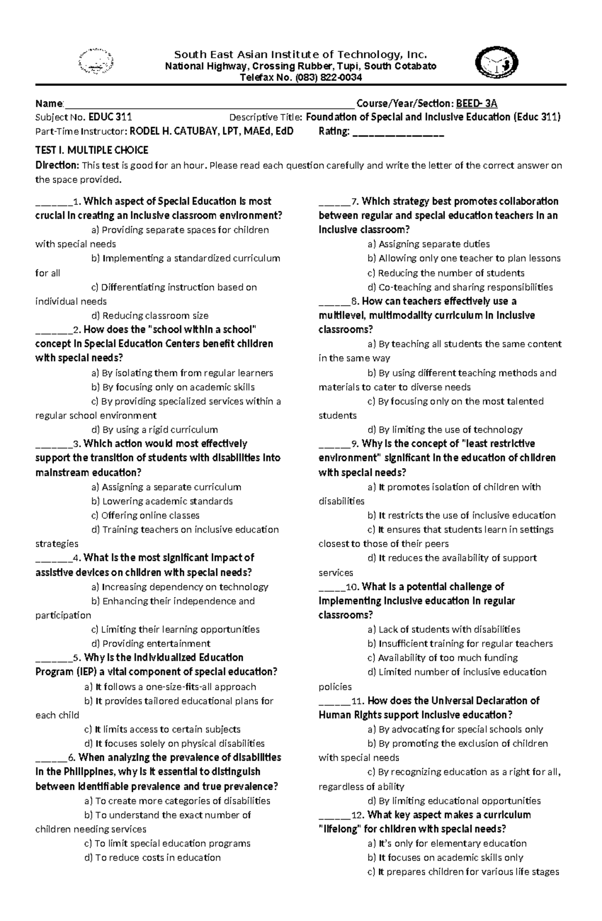 EDUC 311 Midterm Exam: Foundations of Special & Inclusive Education ...
