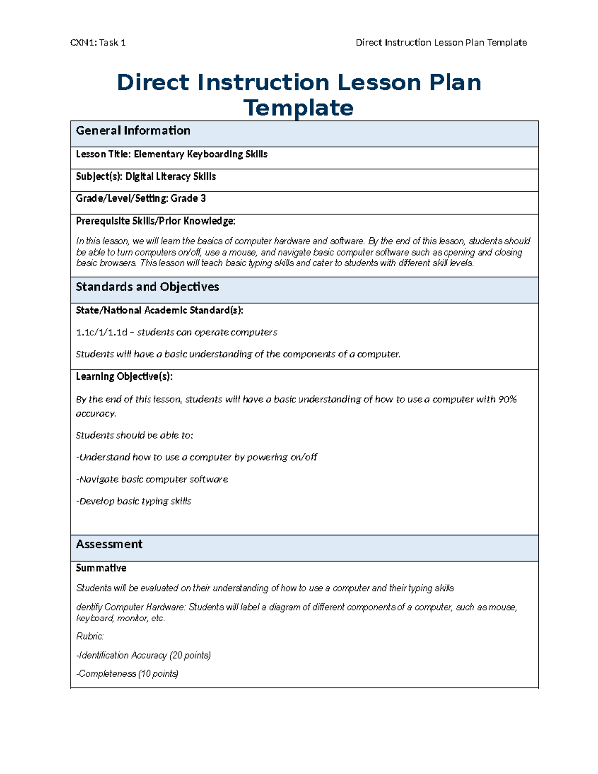 CXN1: Task 1 Direct Instruction Lesson Plan for Keyboarding Skills - Studocu