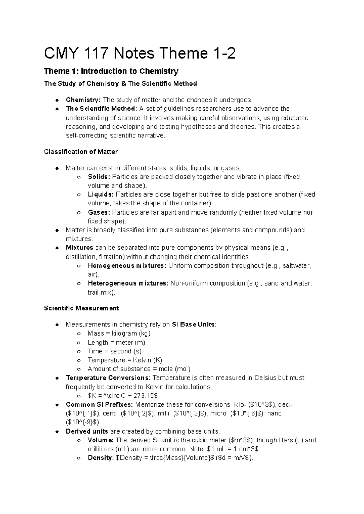 CMY 117 Notes: Themes 1 & 2 - Intro to Chemistry & Atomic Theory - Studocu