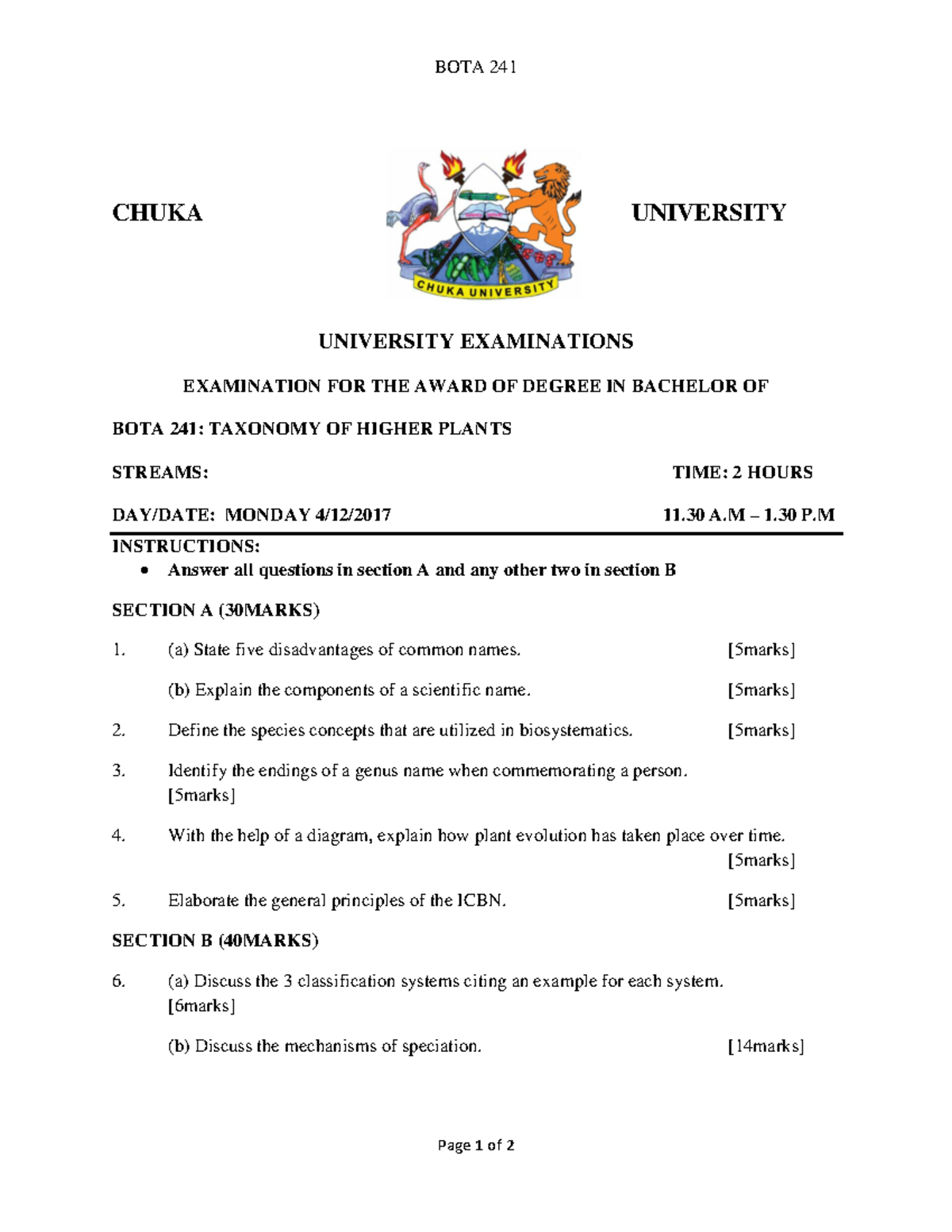 BOTA 241 - Taxonomy of Higher Plants Exam Revision Notes - Studocu