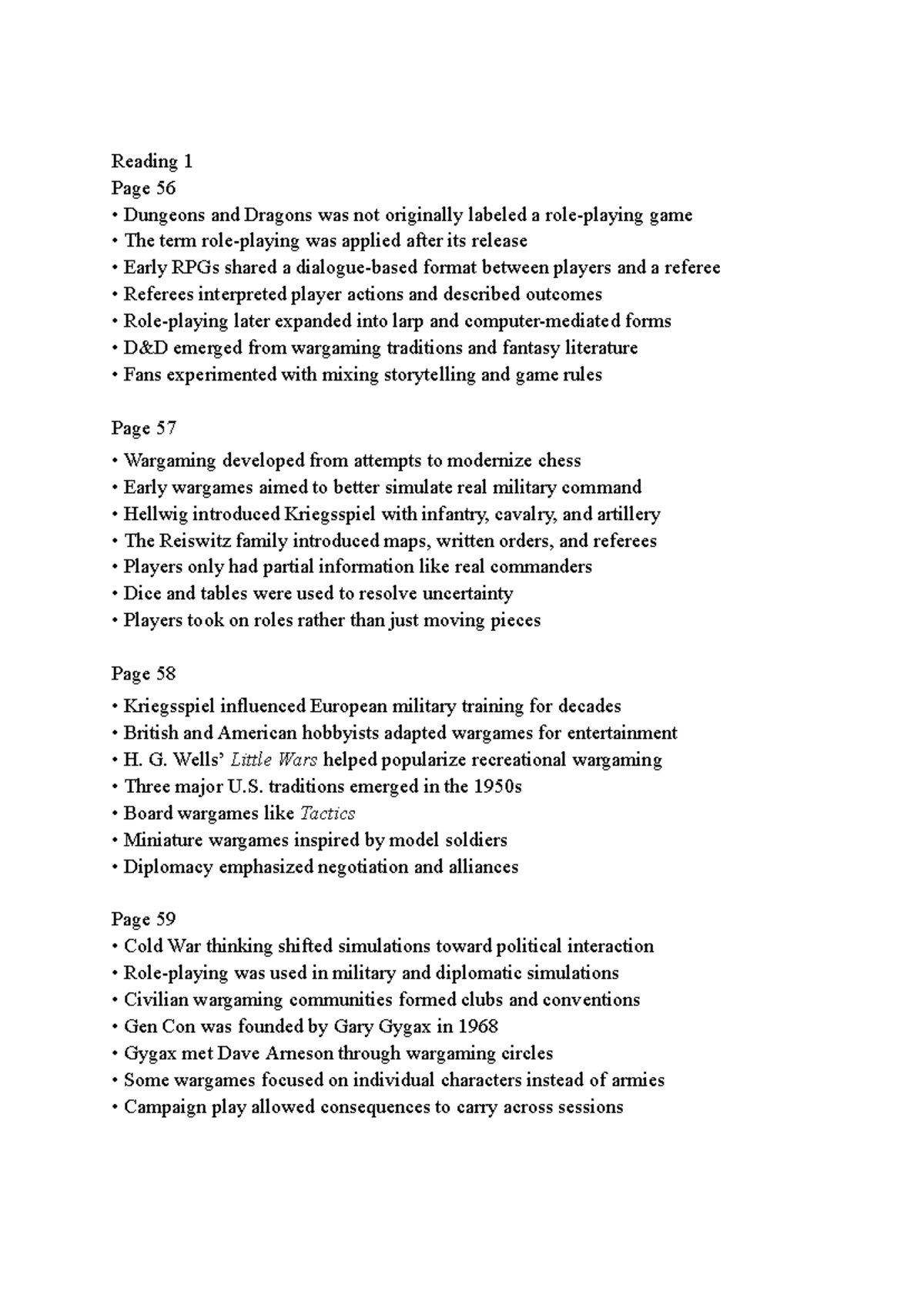 Week 2 Reading Notes: Evolution of RPGs and Wargaming - Studocu