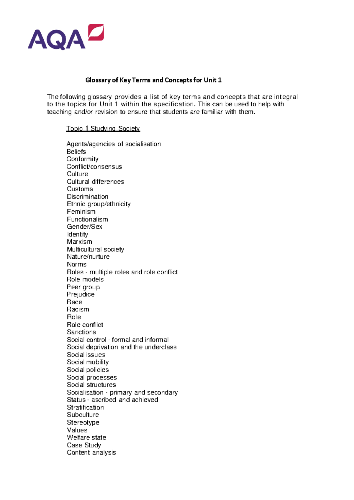 GCSE key words - Glossary of Key Terms and Concepts for Unit 1 The ...