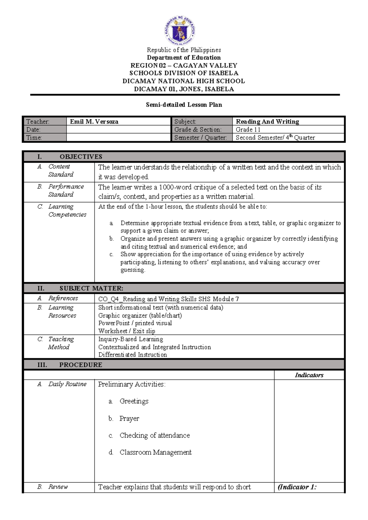 Semi-Detailed Lesson Plan on Textual Evidence for Grade 11 (4th Quarter ...