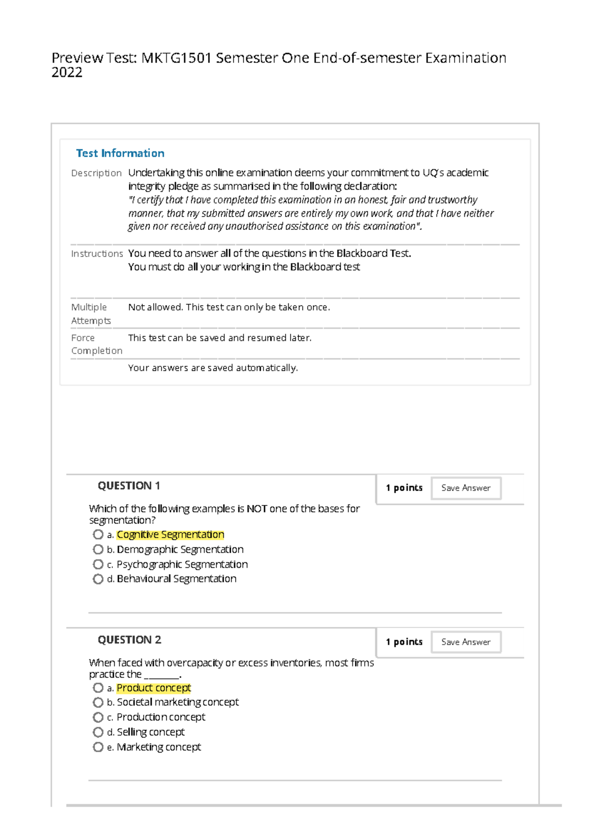 Final Examinations - Practice - Preview Test: MKTG1501 Semester One End ...