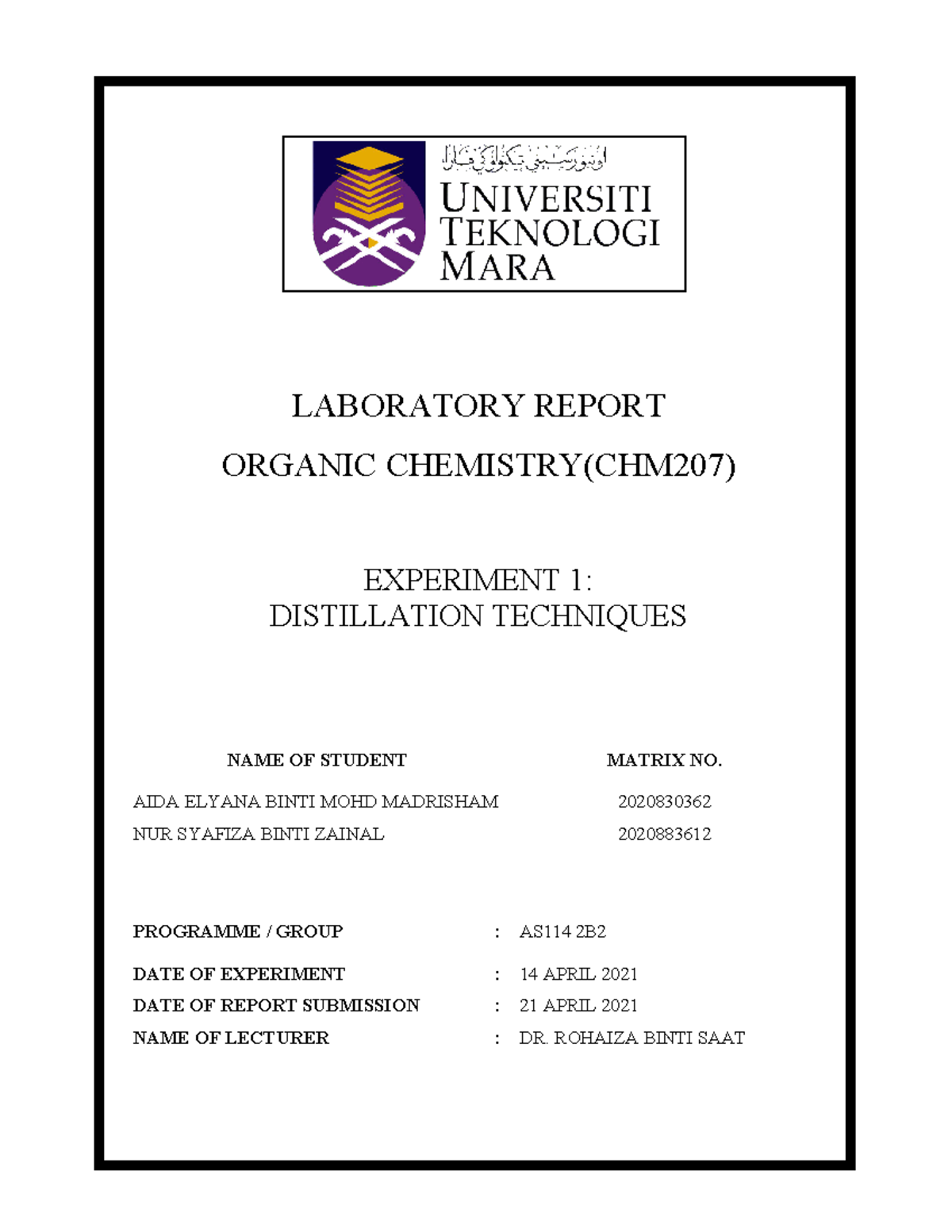 Lab Report: Distillation Techniques CHM207 - Simple Distillation ...