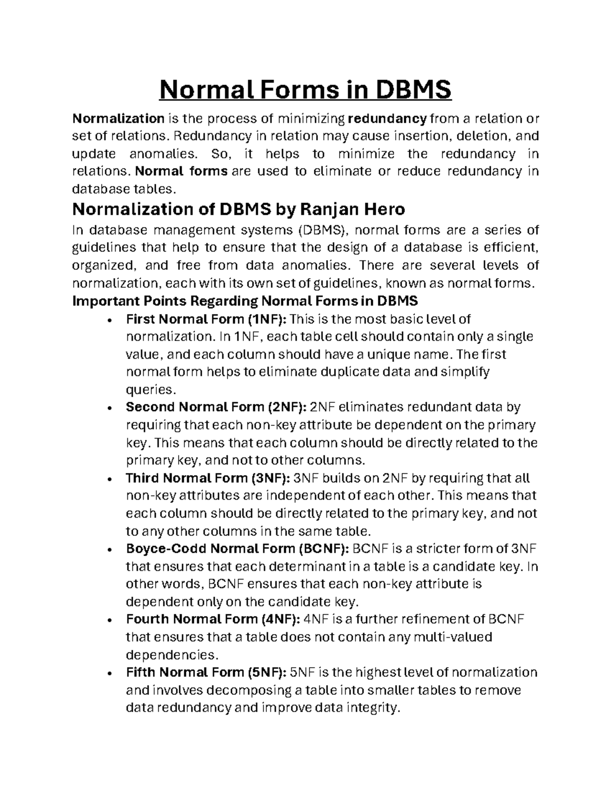 Normal Forms in DBMS: A Comprehensive Guide to Data Normalization - Studocu