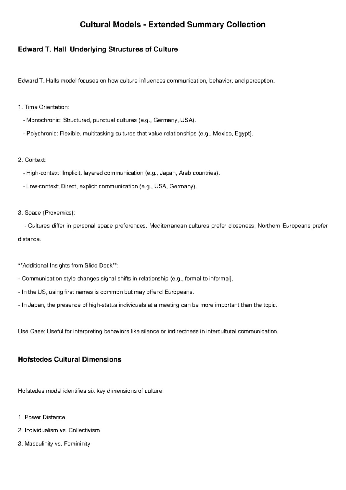 Cultural Models Summary Collection: Insights from Hall, Hofstede, and ...