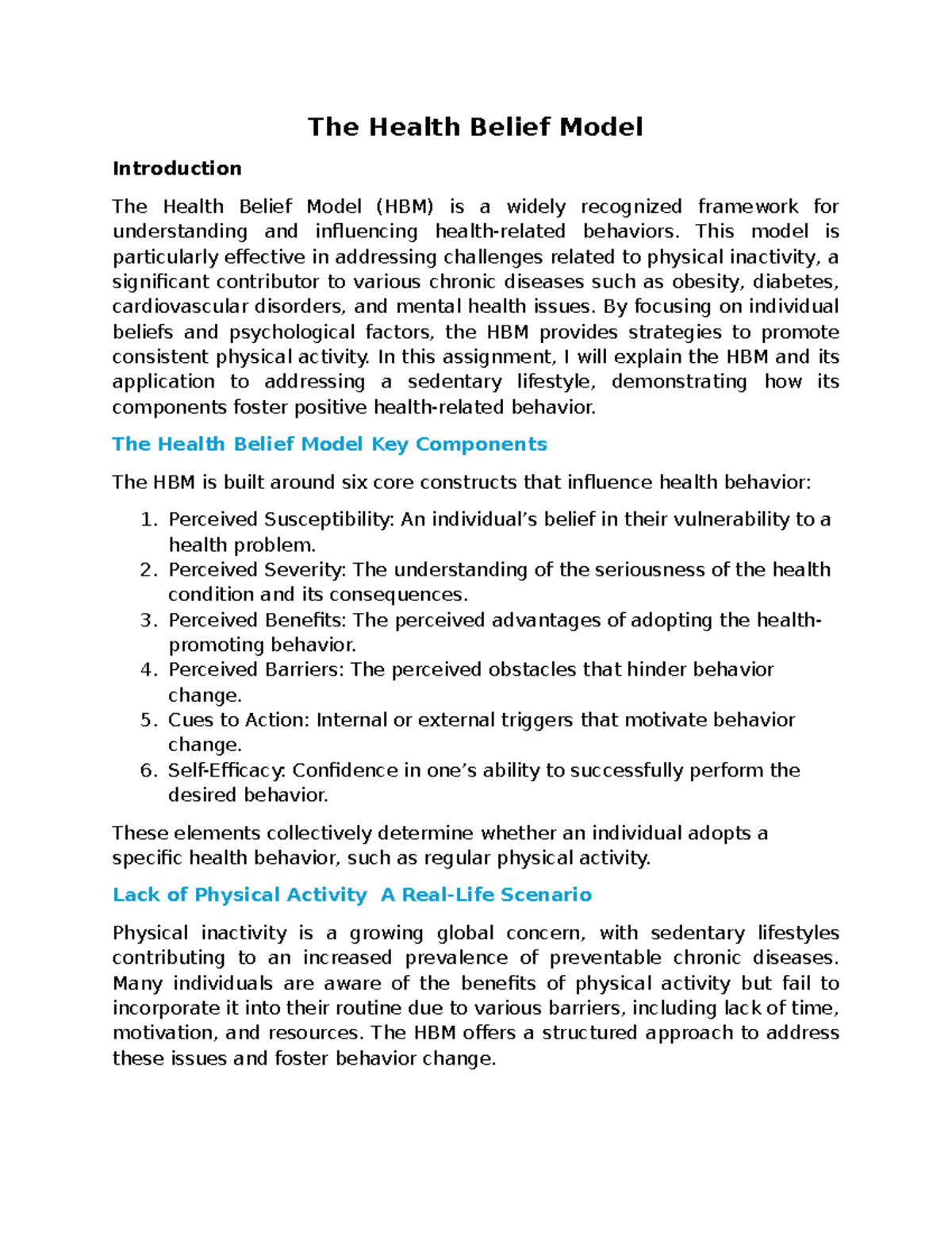 Health Belief Model: Addressing Sedentary Lifestyles in PSYC1111-01 ...