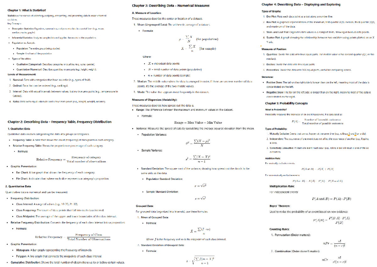 Cheatsheet - Copy - Very useful - Chapter 3: Describing Data Numerical Measures Chapter 4: - Studocu