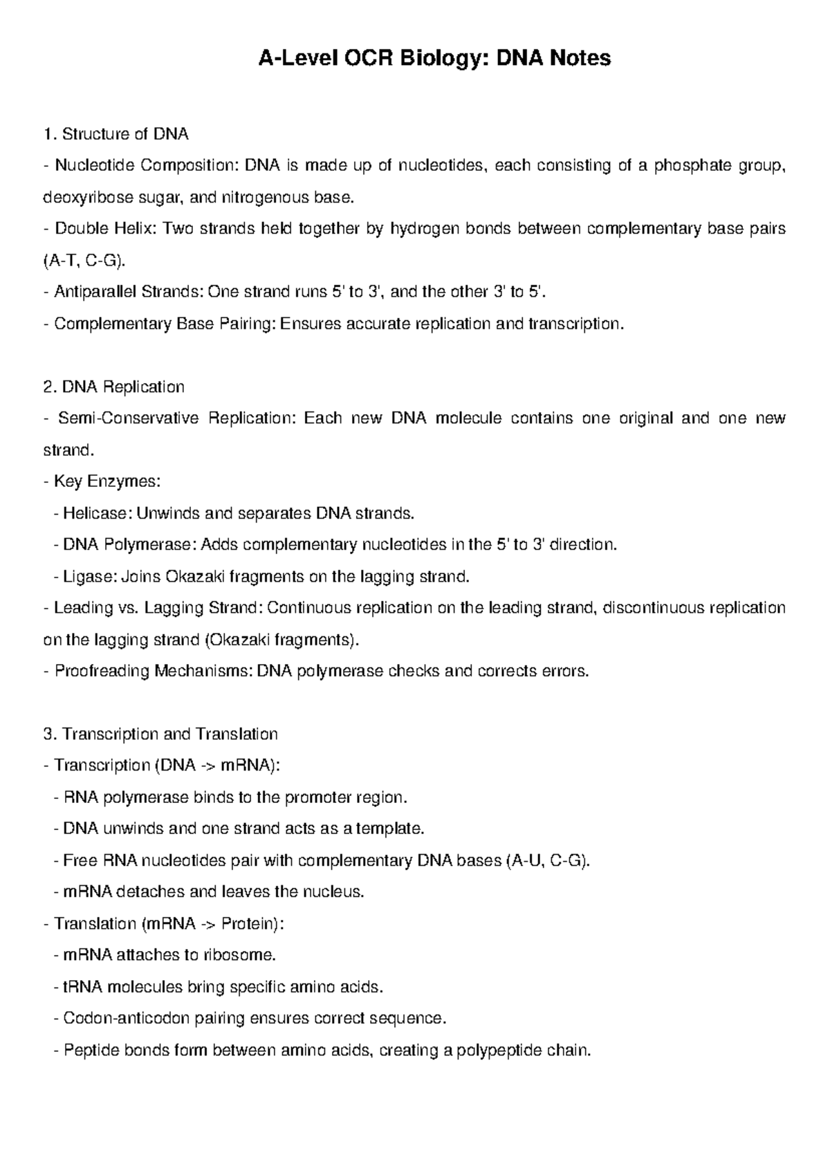 A Level OCR Biology: Comprehensive DNA Structure & Function Notes - Studocu