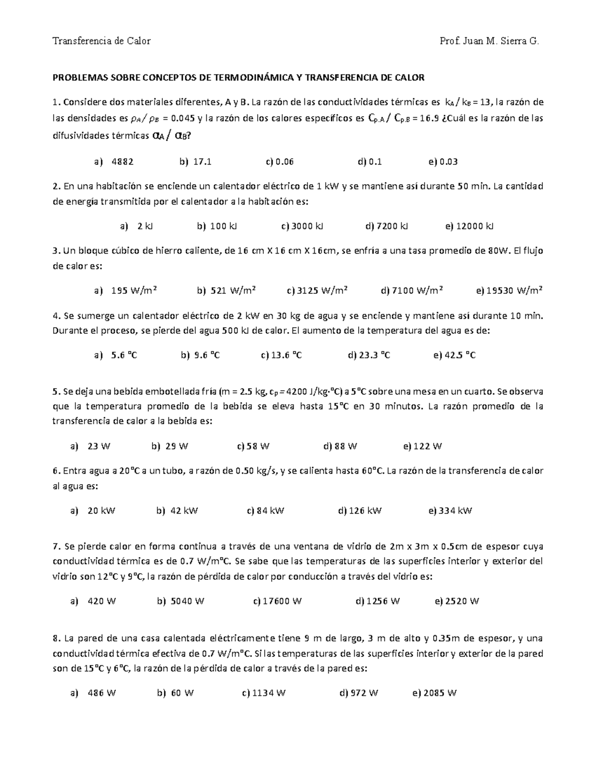Ejercicios de Transferencia de Calor - Prof. Juan M. Sierra G. - Studocu