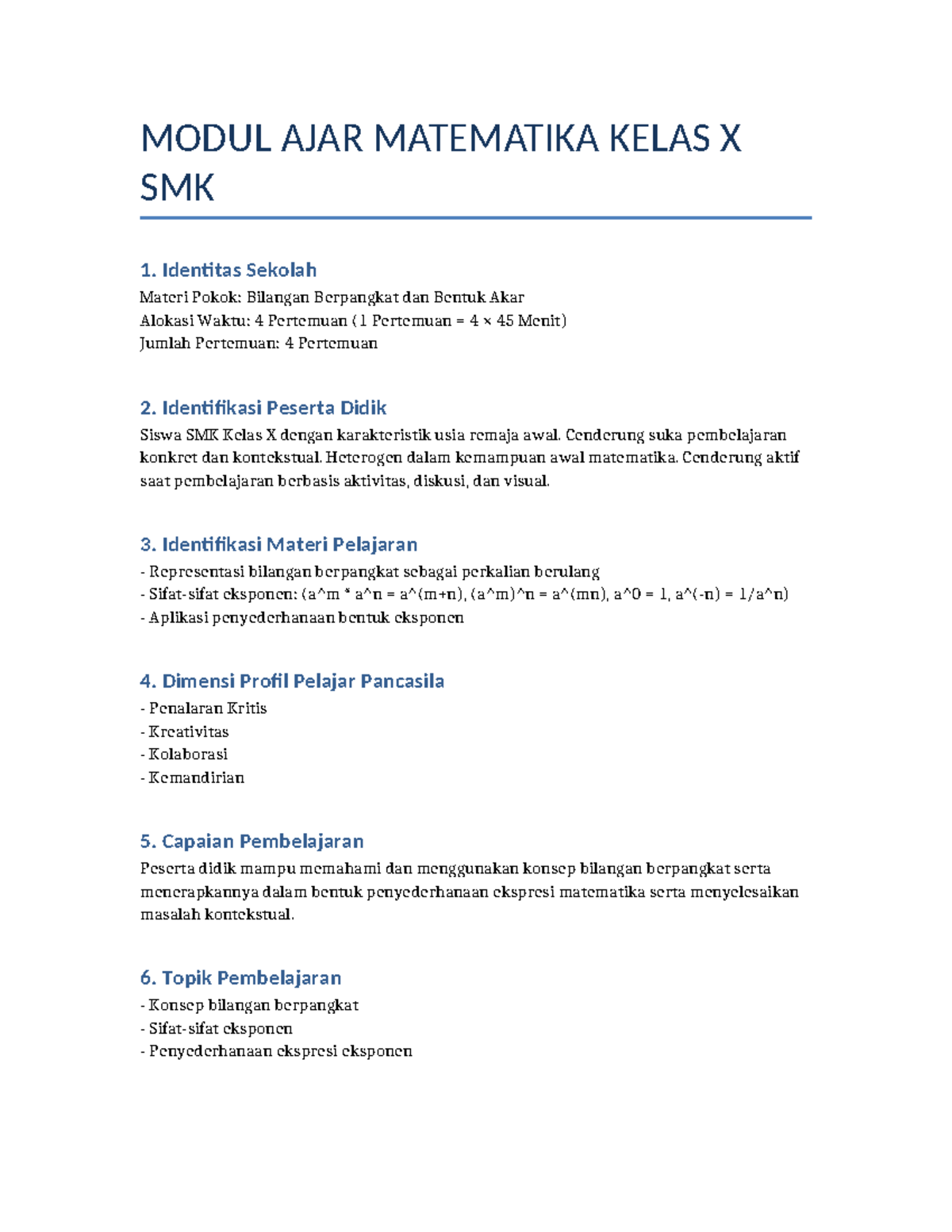 Modul Ajar Matematika Kelas X SMK: Bilangan Berpangkat & Akar - Studocu