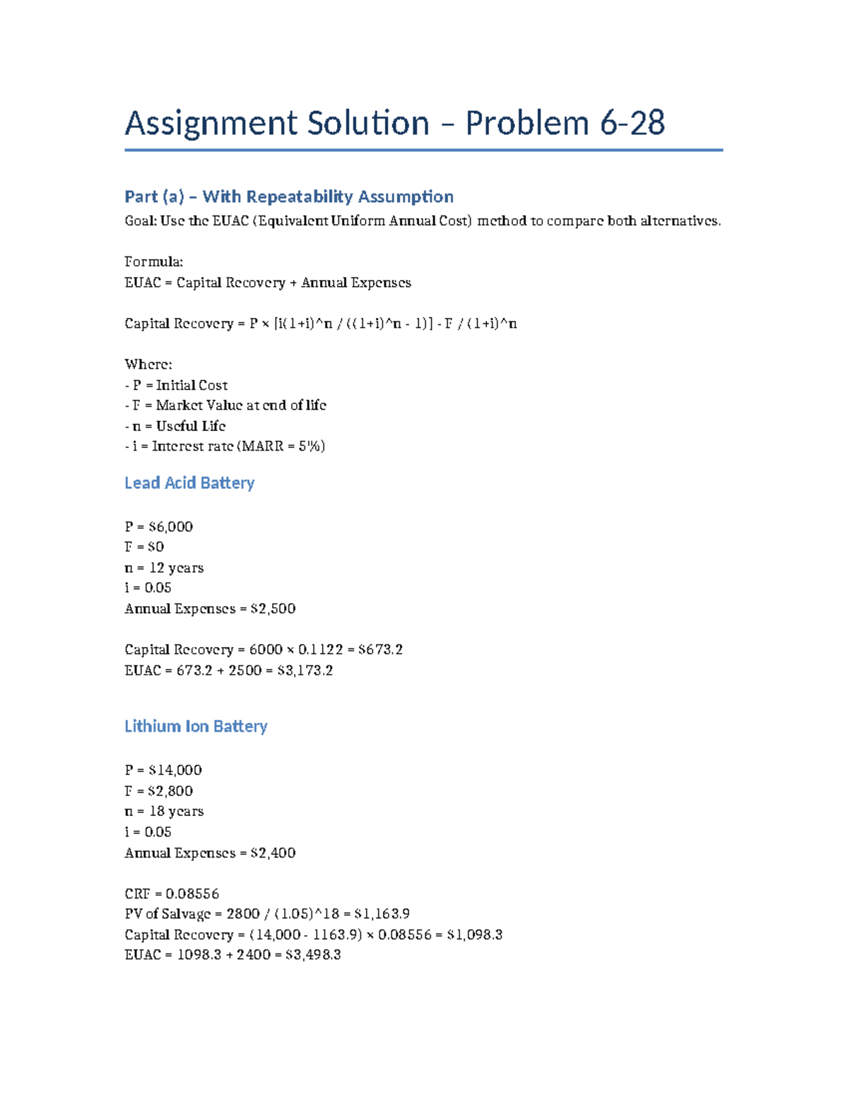 Assignment Solution for Problem 6-28: EUAC Method Analysis - Studocu