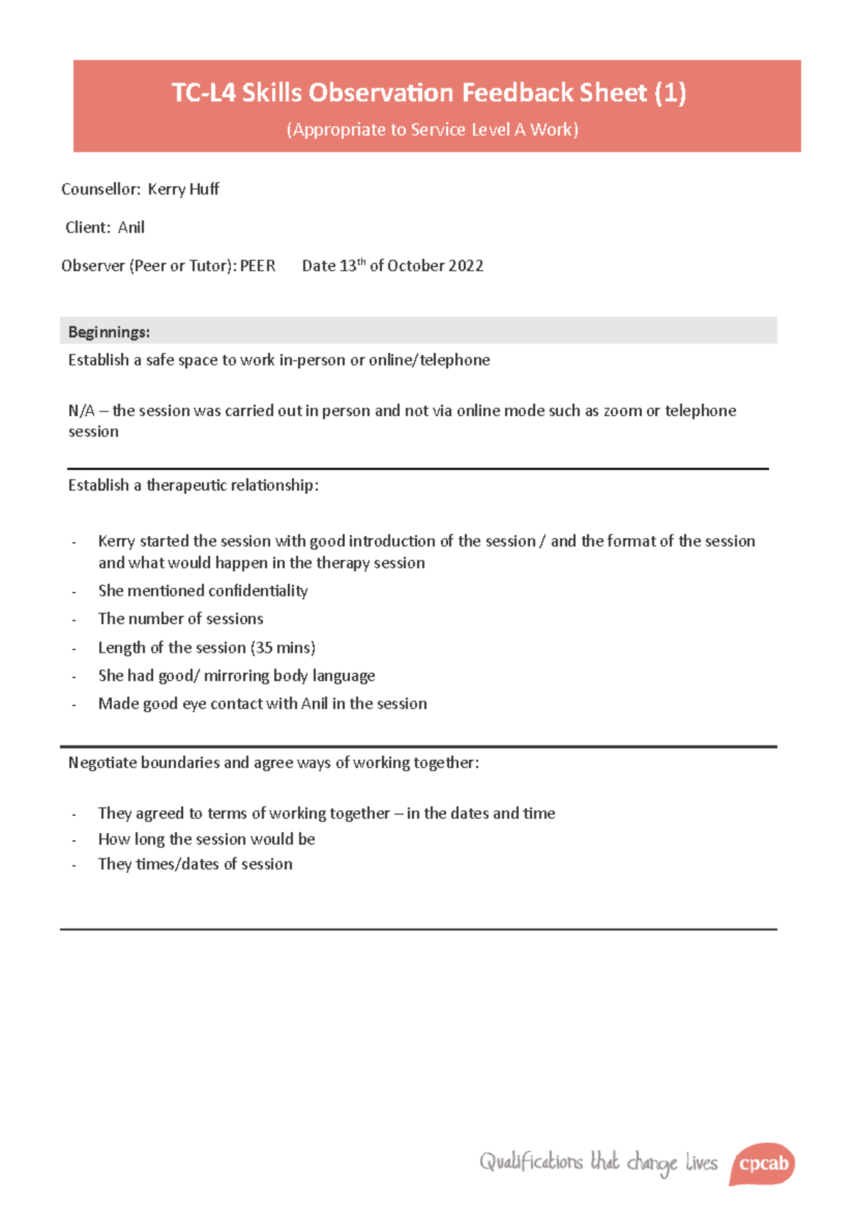 TC-L4 Skills Observation Feedback Sheet: Counselling Session Review ...