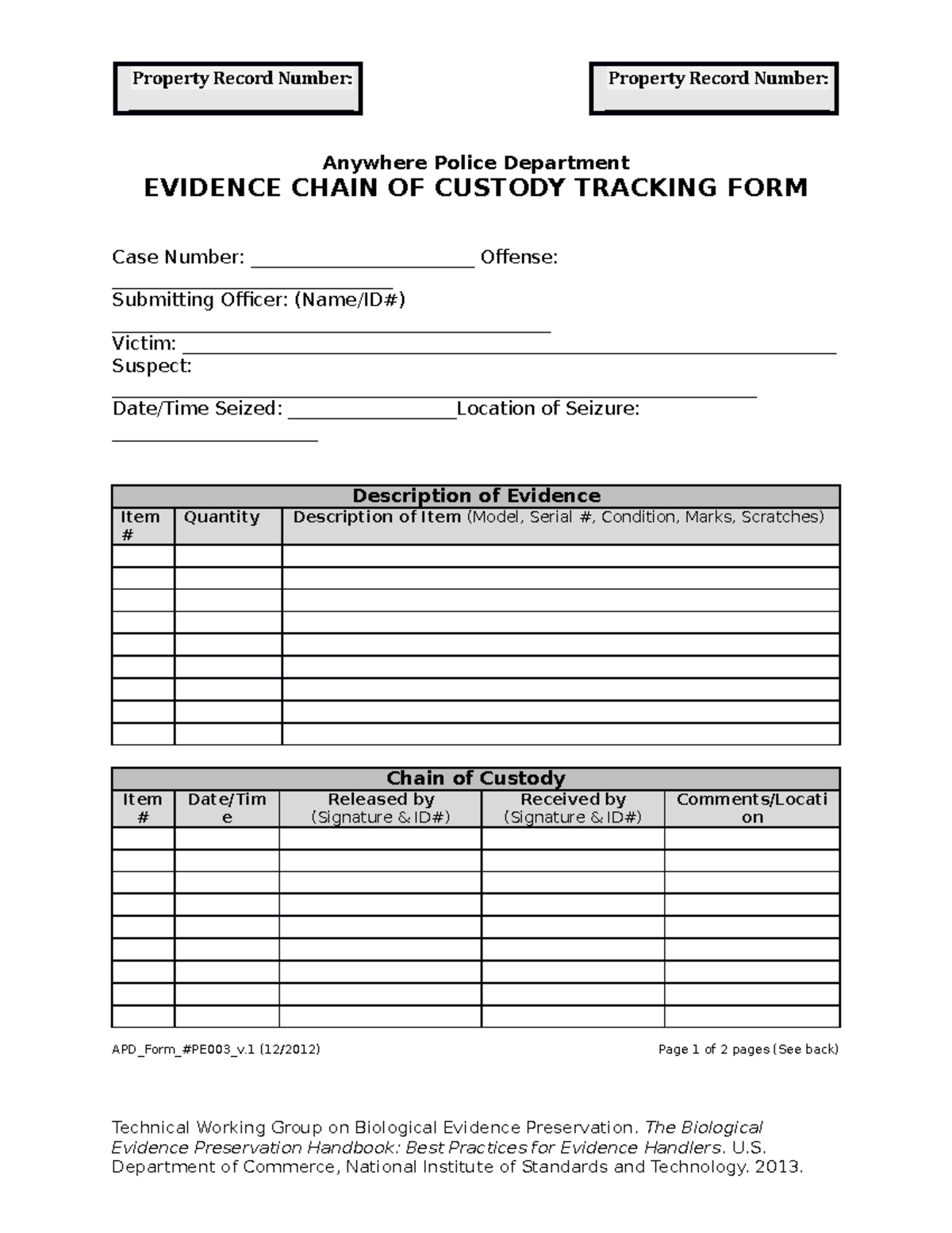 Sample Chain of Custody Form - Anywhere Police Department EVIDENCE ...