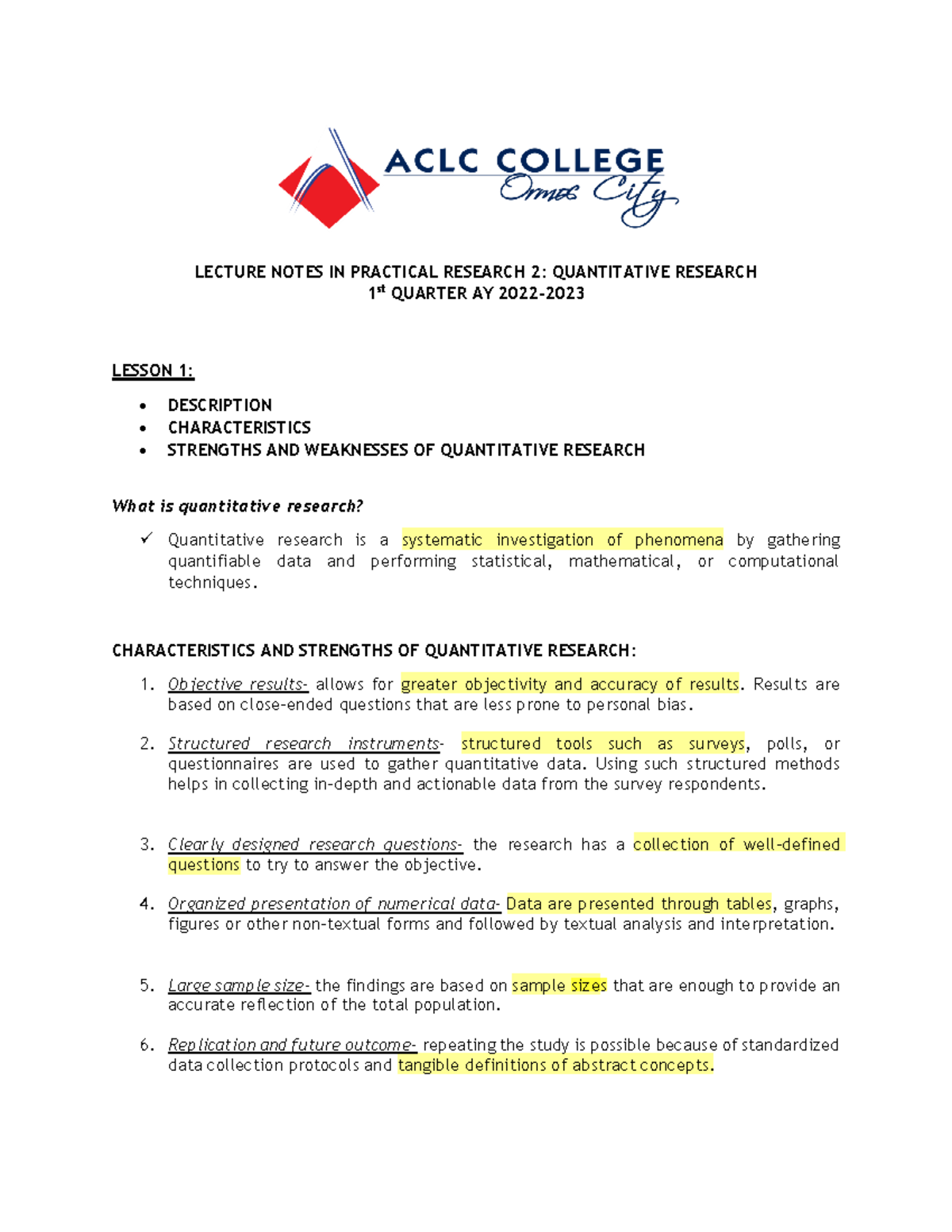 PR 2 LEC Notes: Understanding Quantitative Research Concepts - Studocu