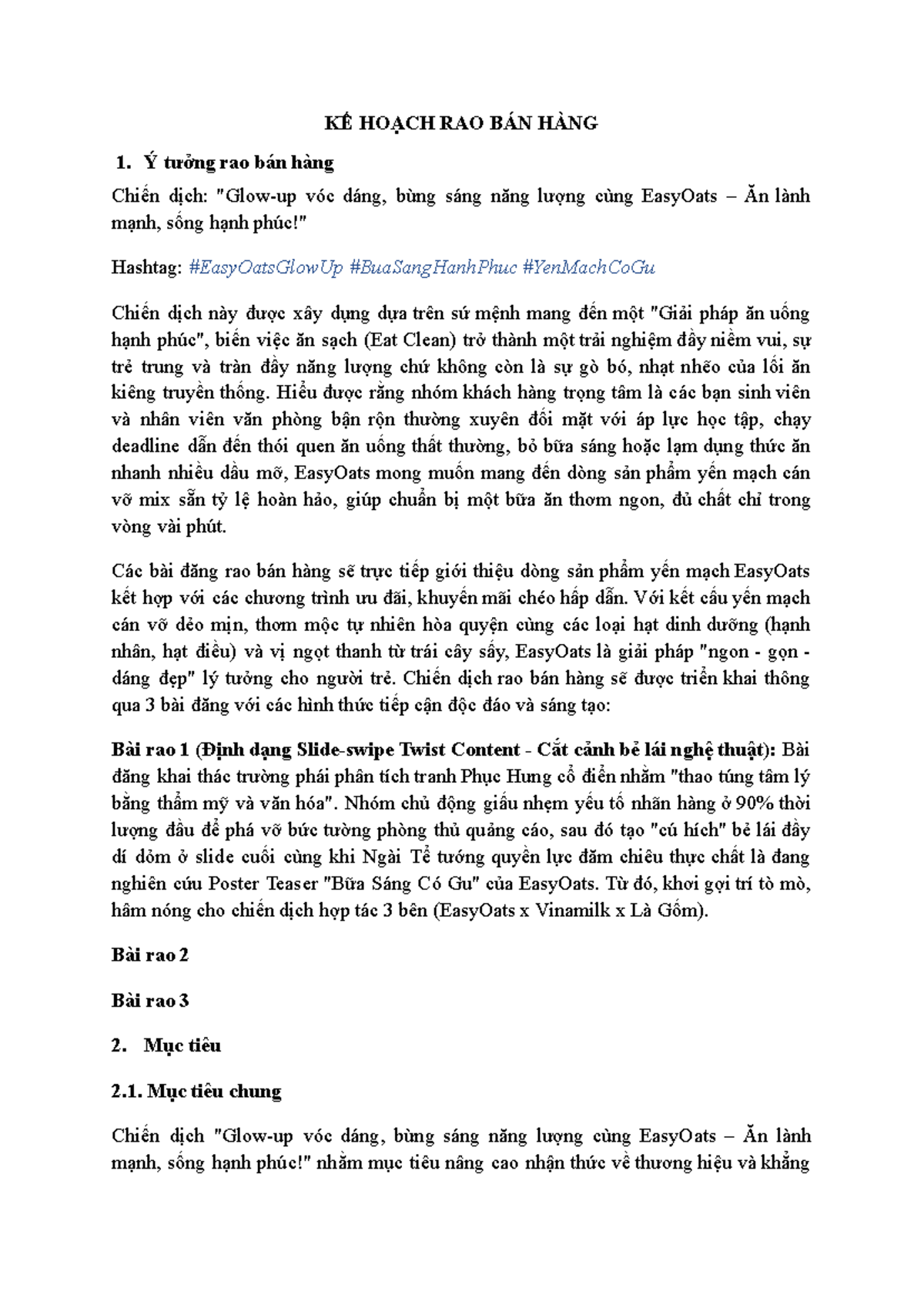 KẾ HOẠCH RAO BÁN HÀNG: Chiến dịch EasyOats cho Sinh Viên - Studocu