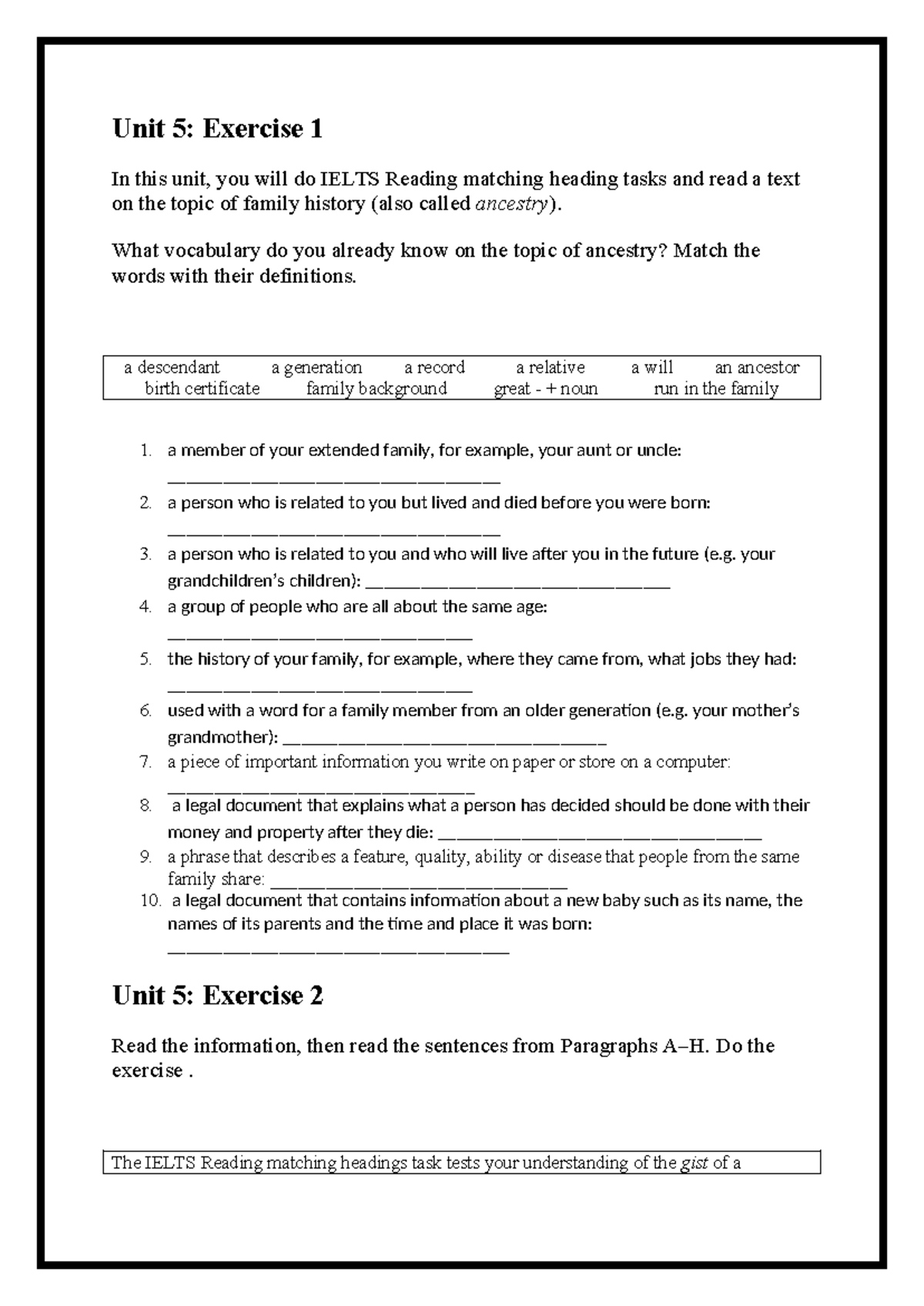 Unit 5: IELTS Reading - Ancestry Matching Headings Exercises - Studocu