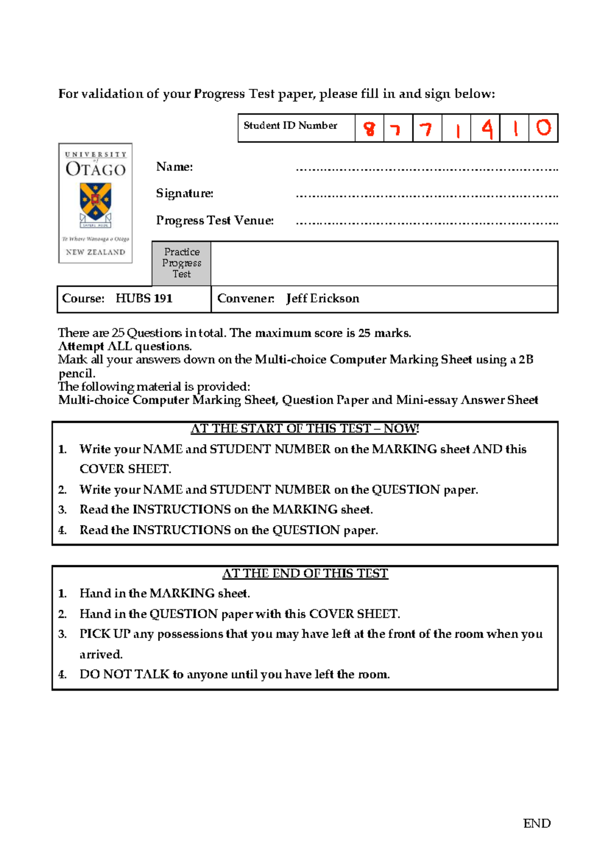 HUBS 191 Progress Test Practice: Instructions & Sample Questions - Studocu