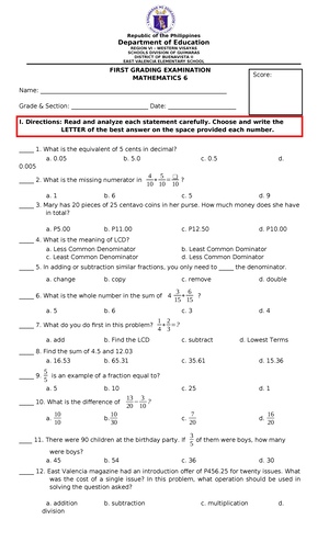 Worksheet IN Mathematics 6 - 3rd Quarter - QUARTER 3 NAME: - Studocu
