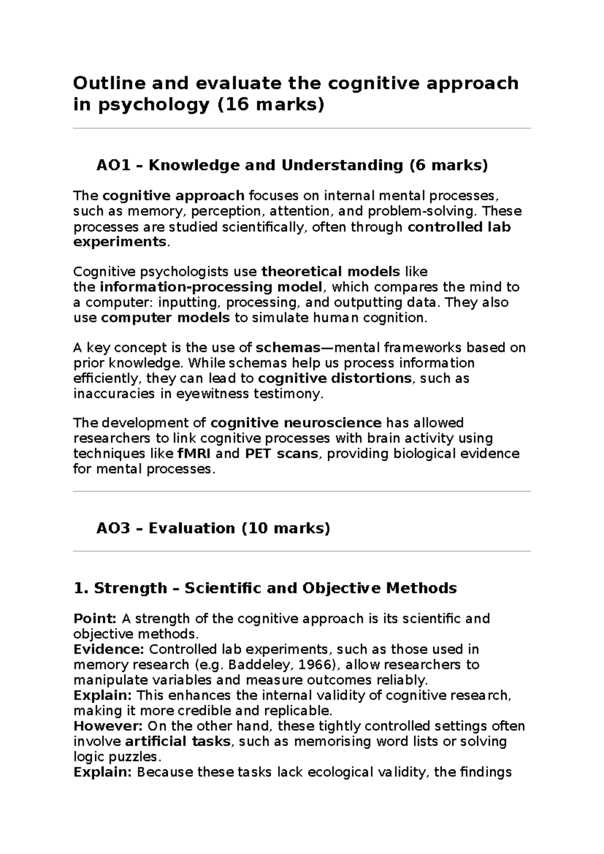 Cognitive Approach in Psychology: Outline & Evaluation (16 Marks) - Studocu